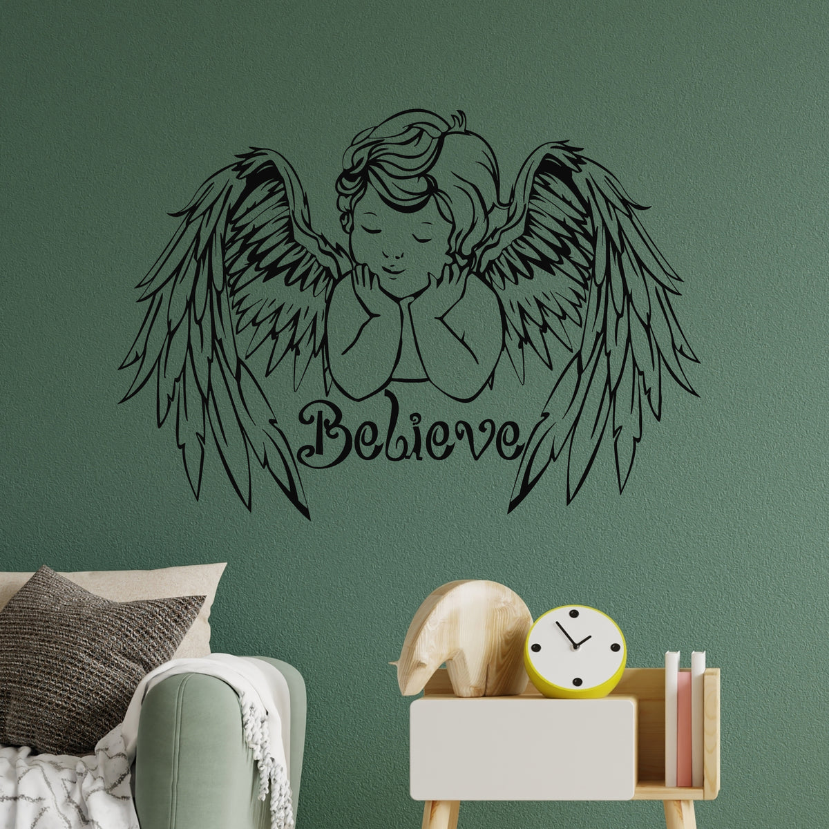 Vinyl Wall Decal White Baby Angel Wings Child Believe Lettering Sticke ...