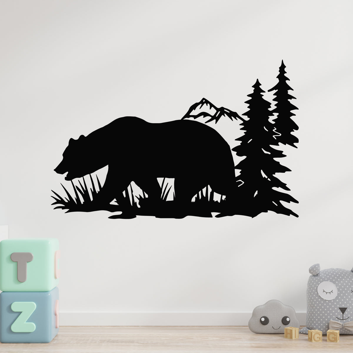 Vinyl Wall Decal Bear Grizzly Wild Forest Animals Mountains Fir Trees ...