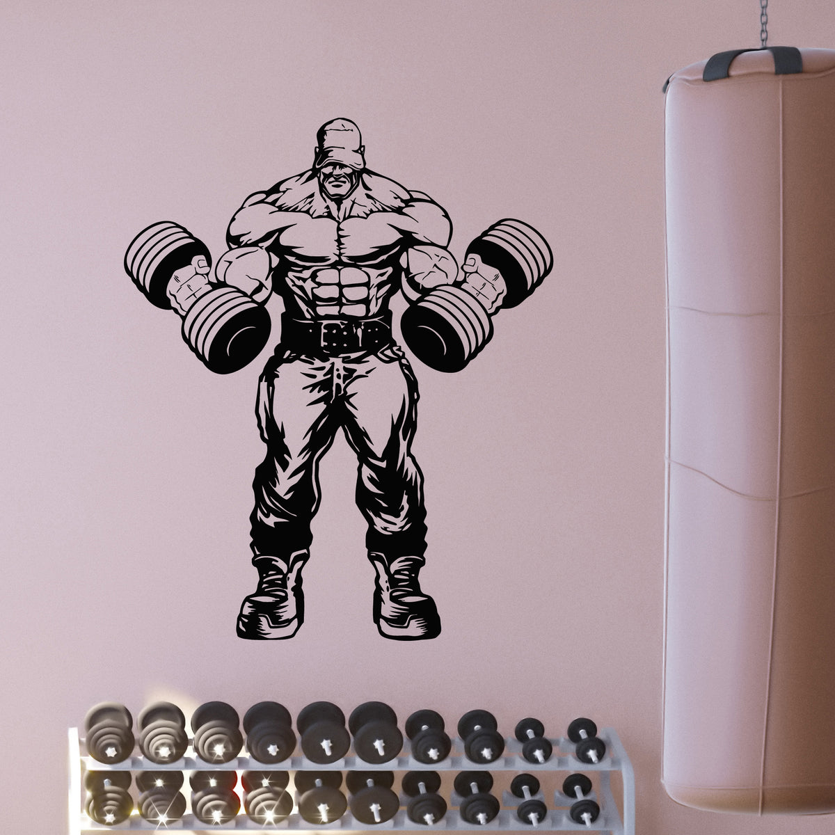 Vinyl Wall Decal Huge Biceps Bodybuilder Trains Heavy Dumbbells Sticke ...
