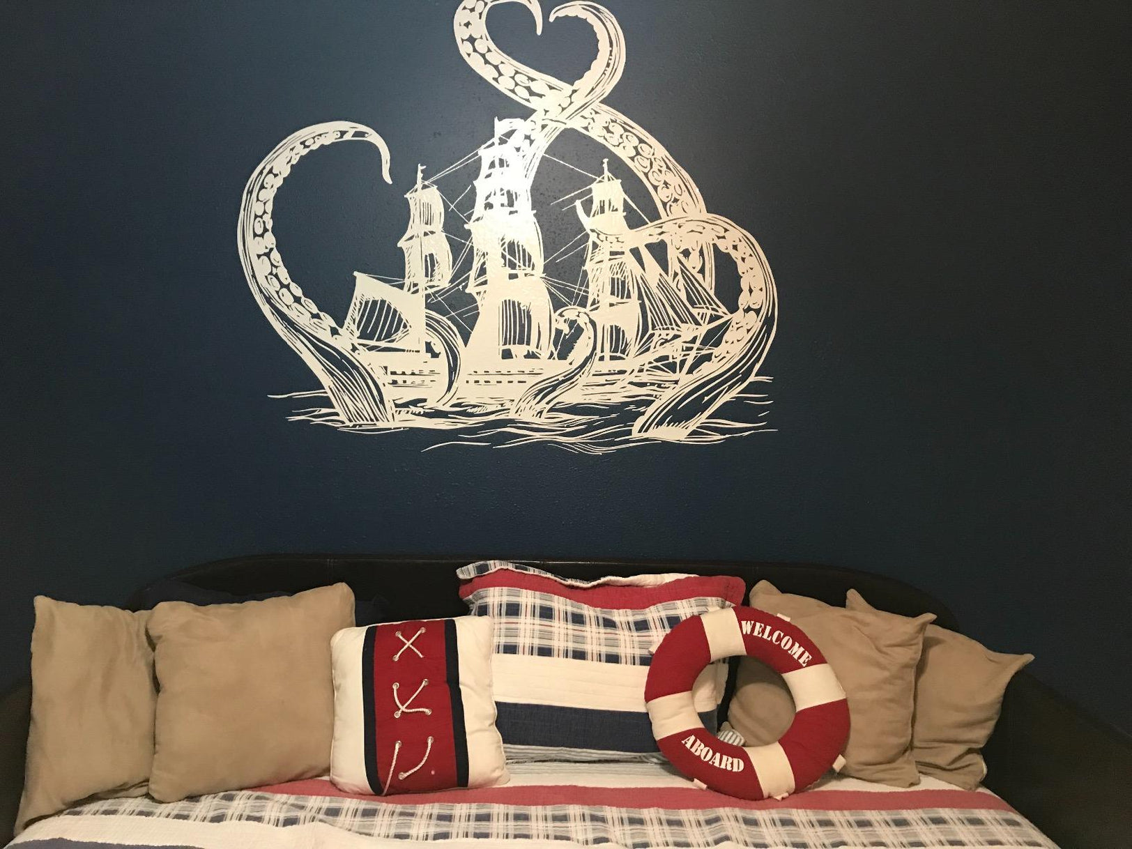 Vinyl Wall Decal Kraken Octopus Ship Nautical Ocean Living Room ...
