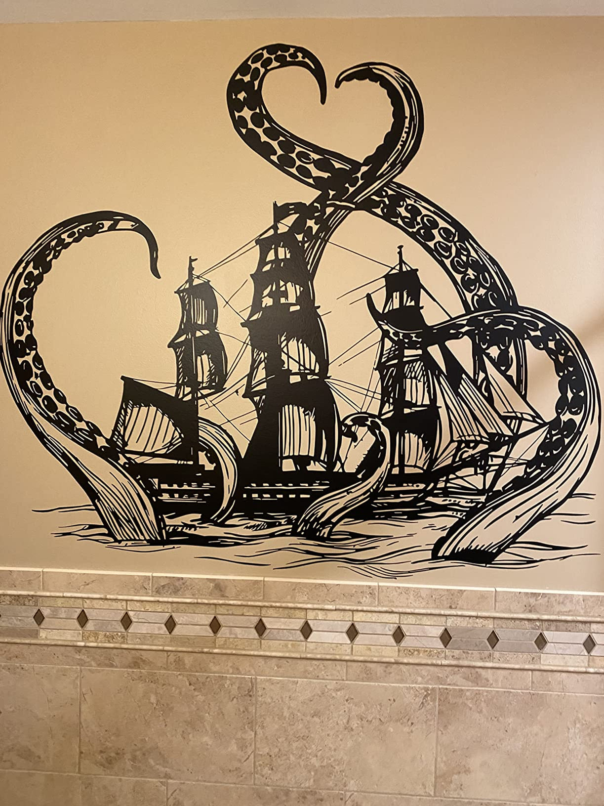 Vinyl Wall Decal Kraken Octopus Ship Nautical Ocean Living Room ...