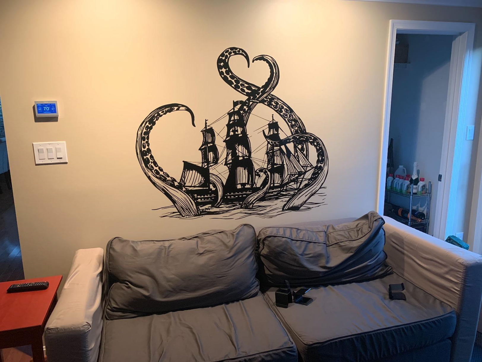 Vinyl Wall Decal Kraken Octopus Ship Nautical Ocean Living Room ...