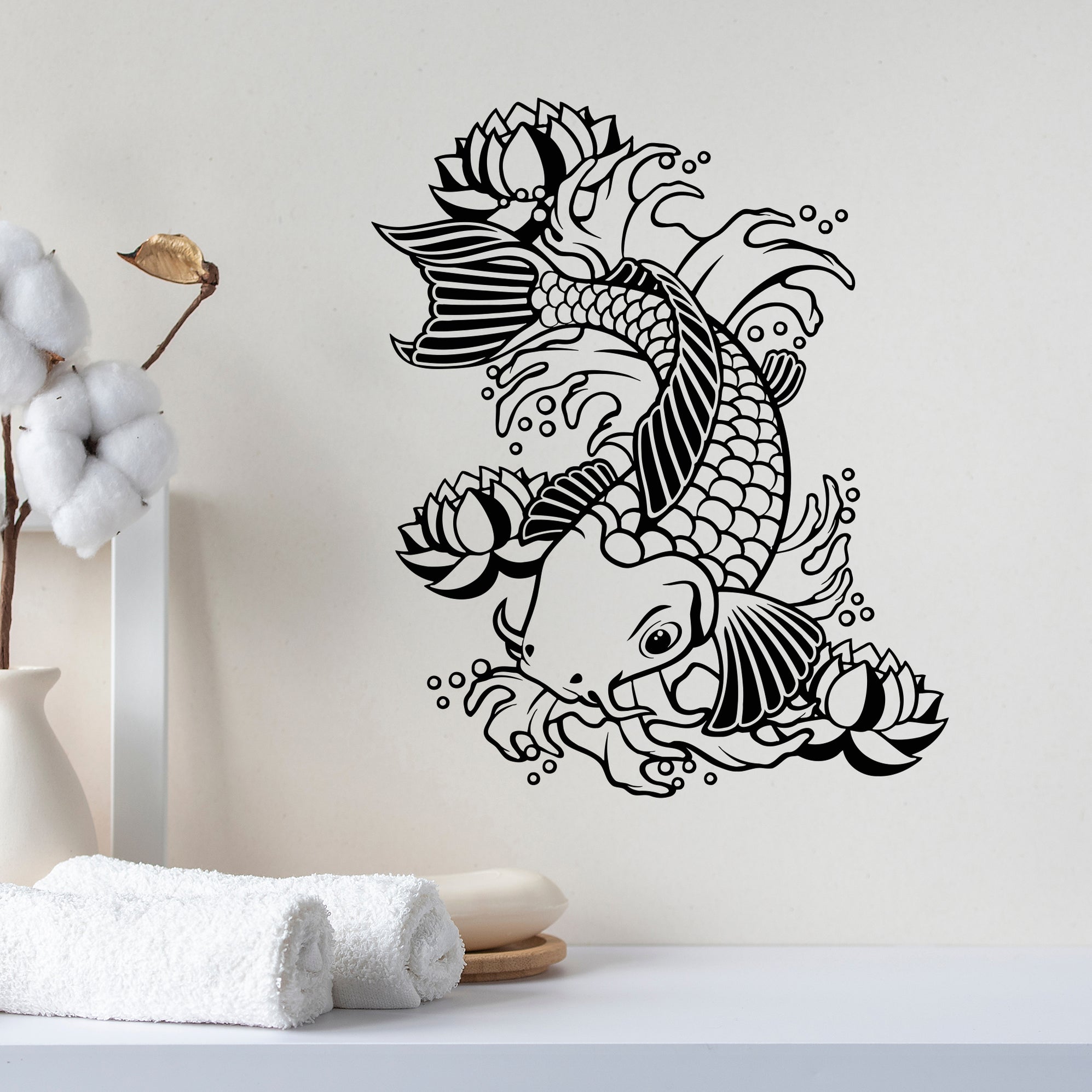 Vinyl Wall Decal Koi Japanese Fish Water Lily Flowers Asian Style Stic ...