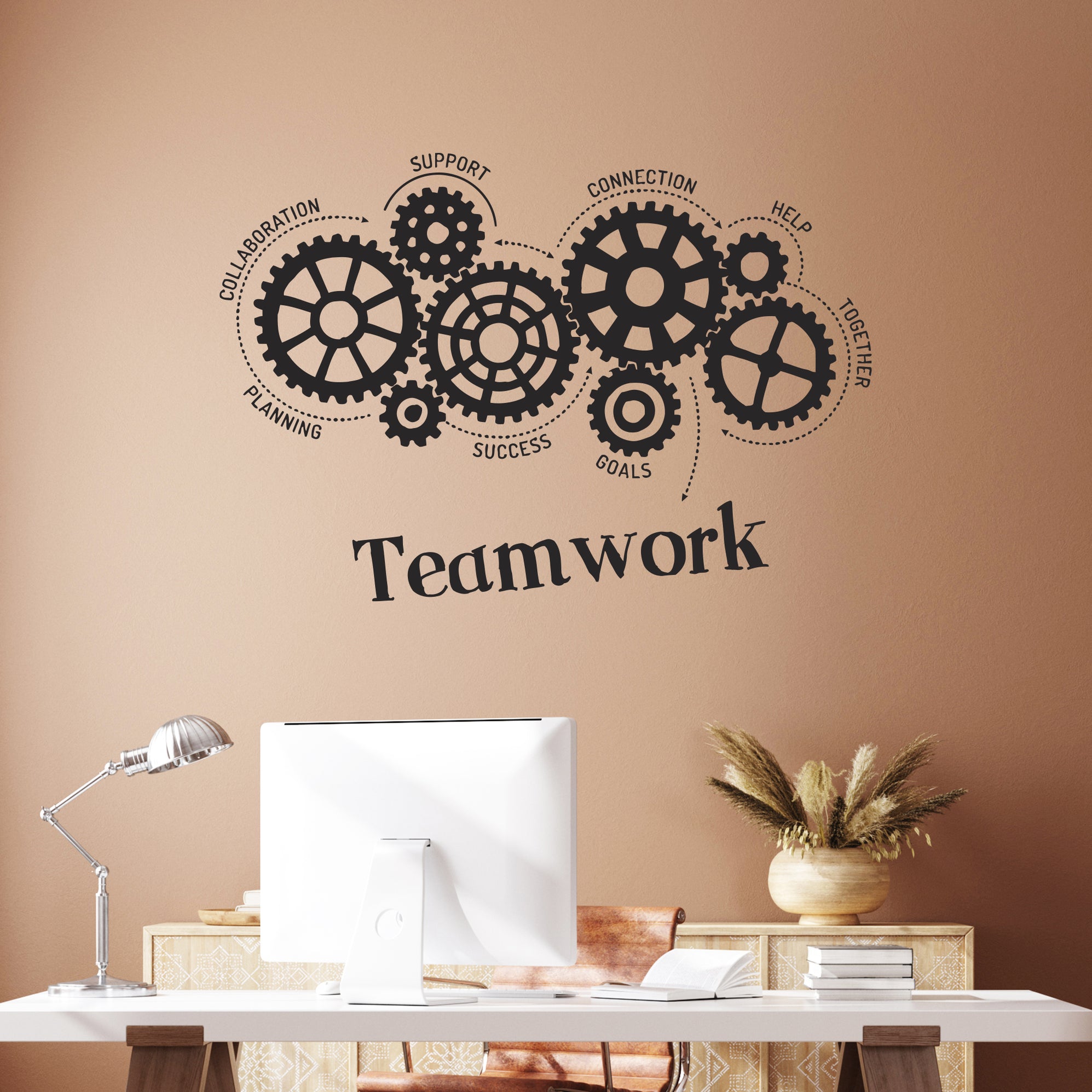 Vinyl Wall Decal Teamwork Gears Words Office Art Decoration Stickers M ...