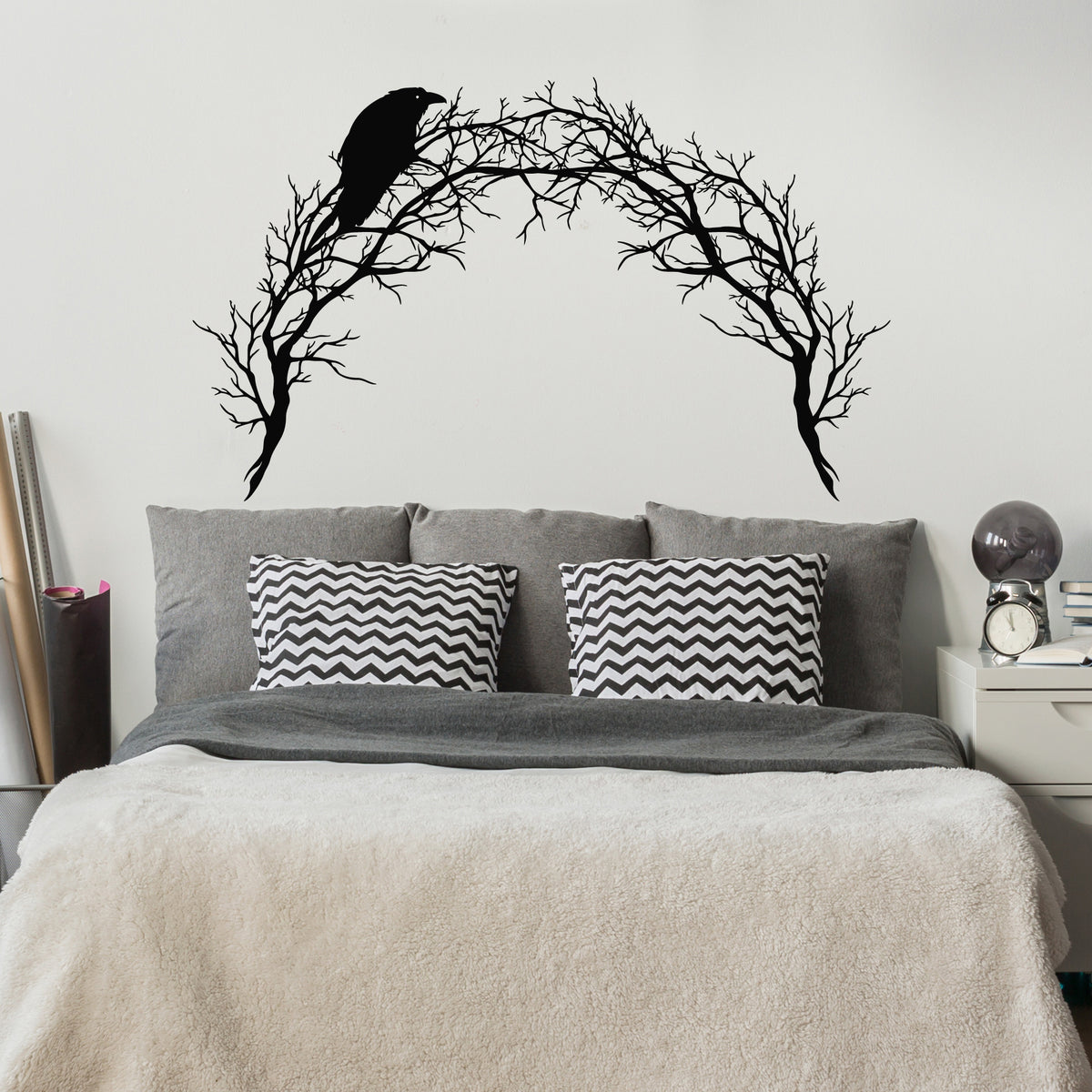 Vinyl Wall Decal Raven Bird Sitting Bare Tree Branches Gothic Style St ...