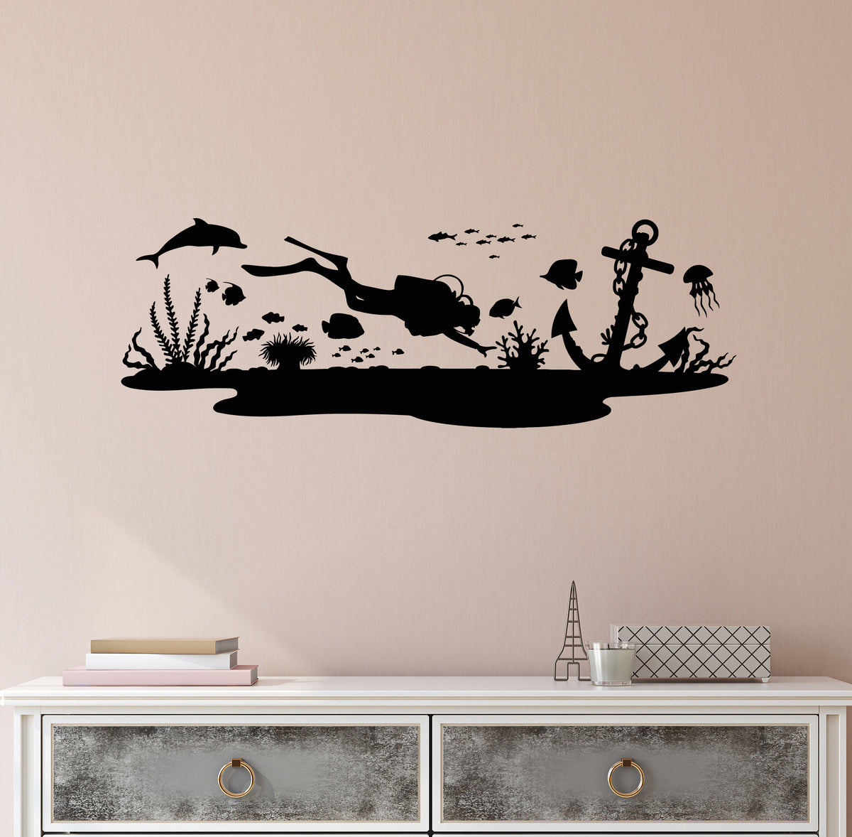Vinyl Wall Decal Scuba Diver In Coral Reef Underwater Sea Fish Sticker ...