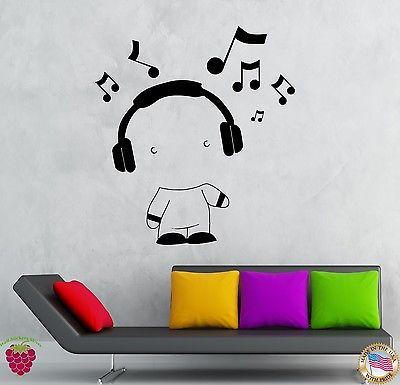 Wall Stickers Vinyl Decal Boy In Headphones Listening Music Notes Uniq ...