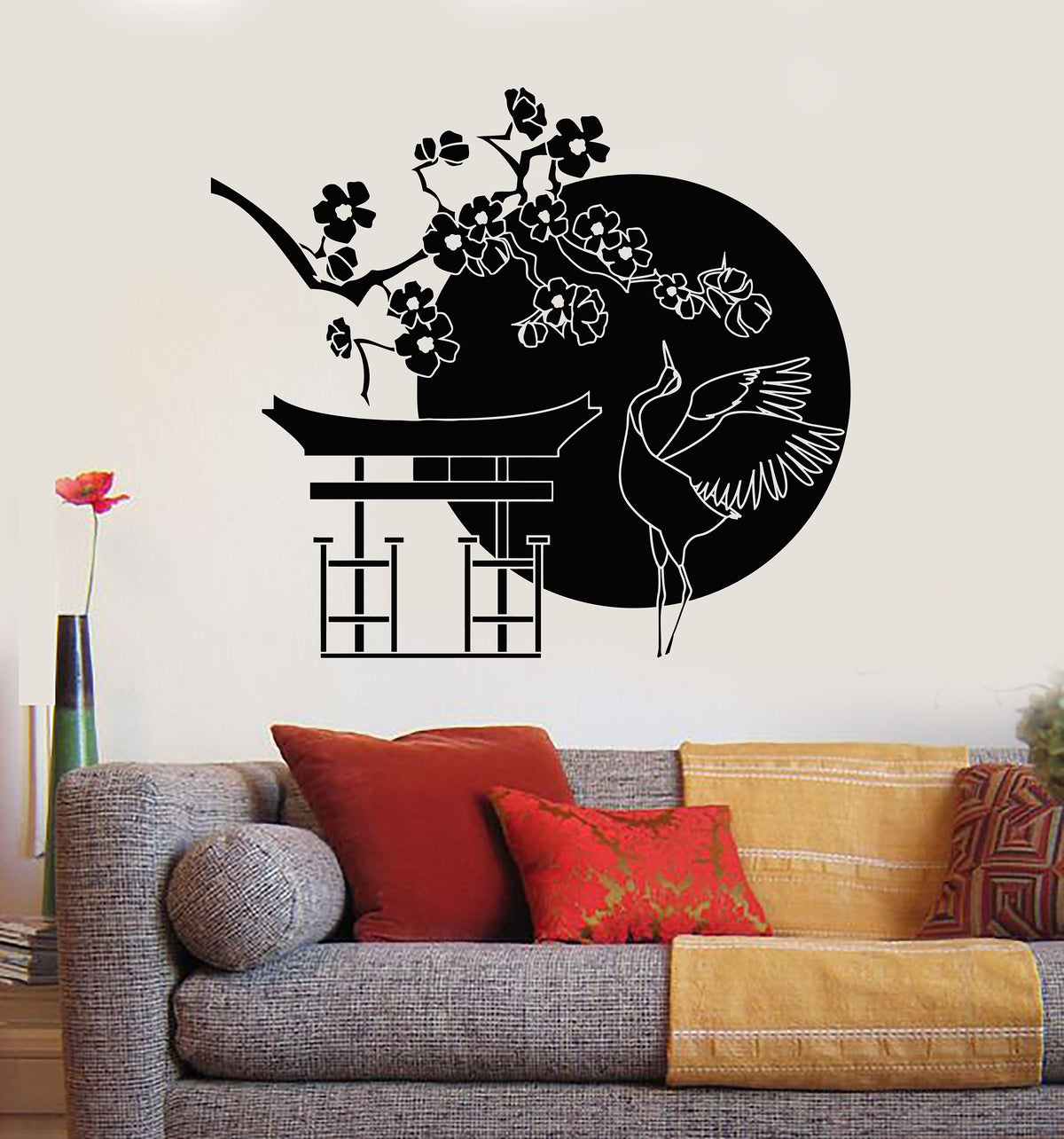Vinyl Wall Decal Japanese Bird Stork Tree Sakura Branch Oriental Decor ...