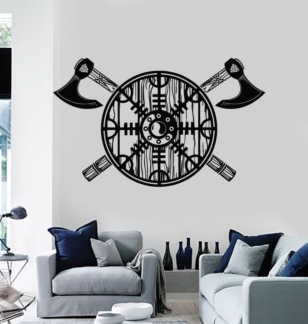 Vinyl Wall Decal Viking Shield Axes Warriors Yin-Yang Symbol Stickers ...