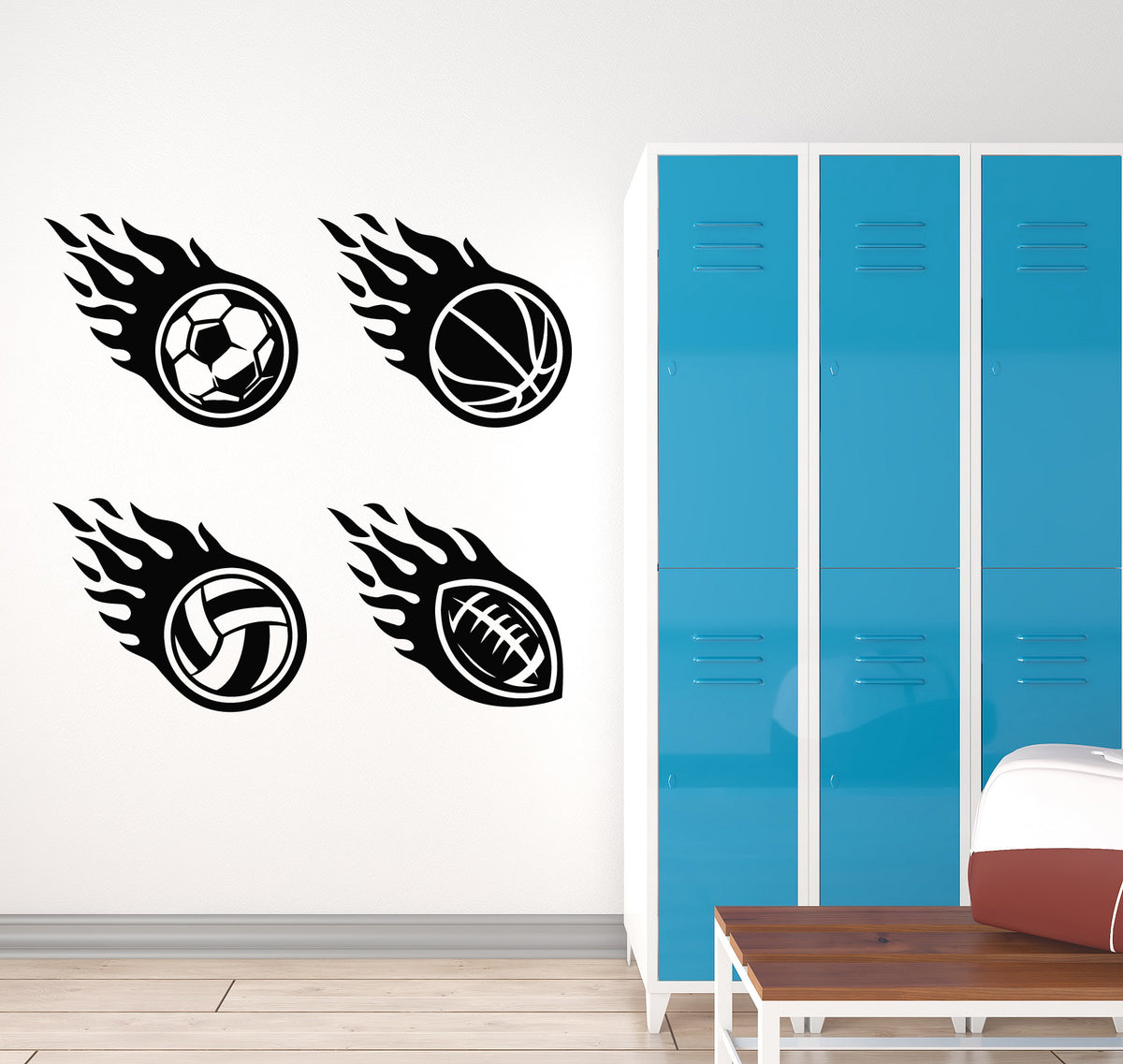 Vinyl Wall Decal Fire Balls Sports Decor Football Soccer Volleyball St ...