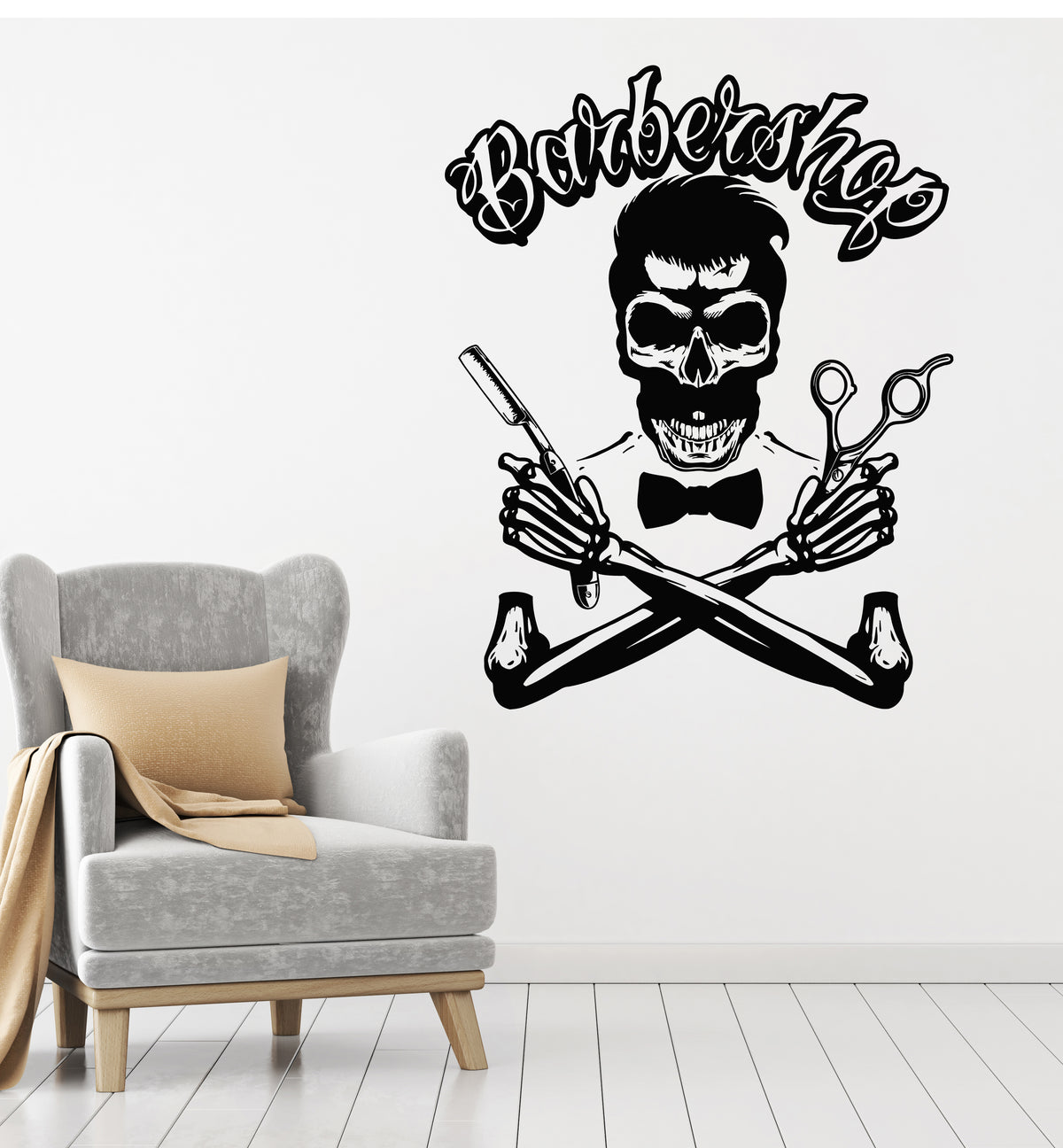 Vinyl Wall Decal Shaving Haircut Barber Tools Barbershop Haircut Skull ...