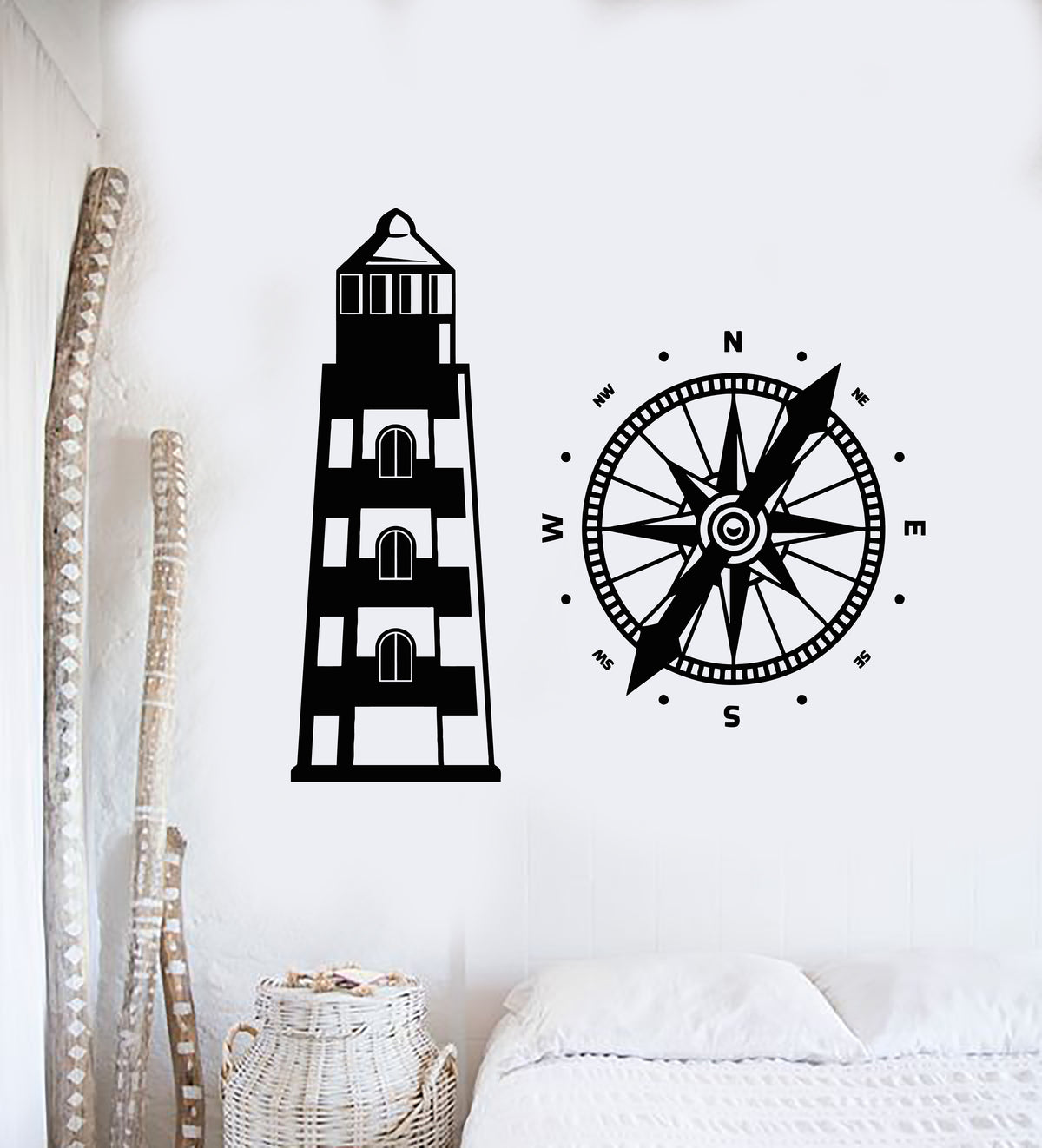 Vinyl Wall Decal Lighthouse Beach House Nautical Decor Compass Sticker ...