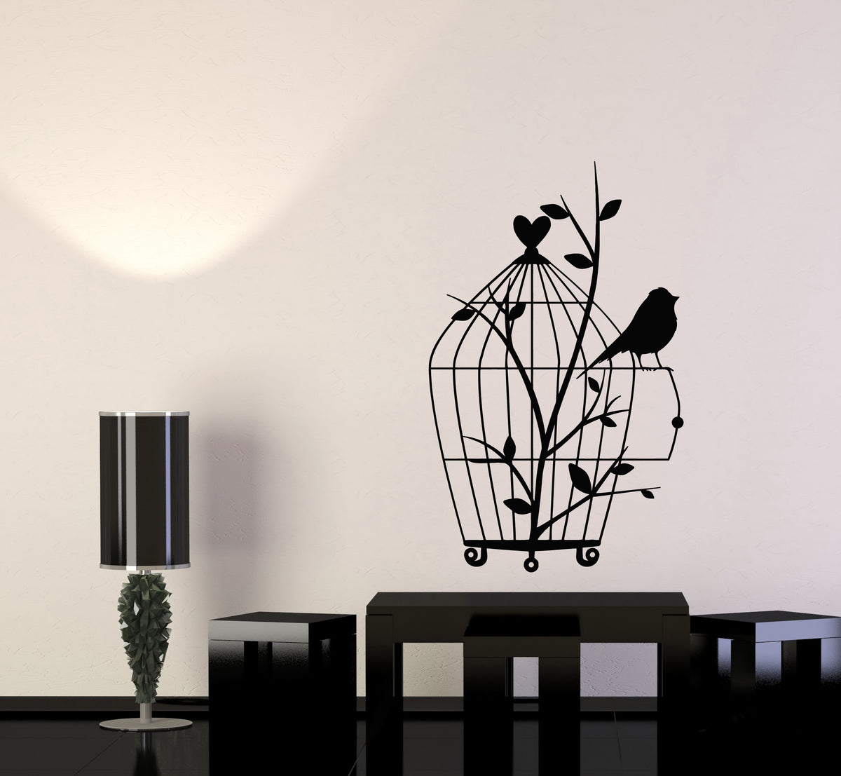 Vinyl Wall Decal Bird In Cage Branches Home Interior Design Stickers M ...