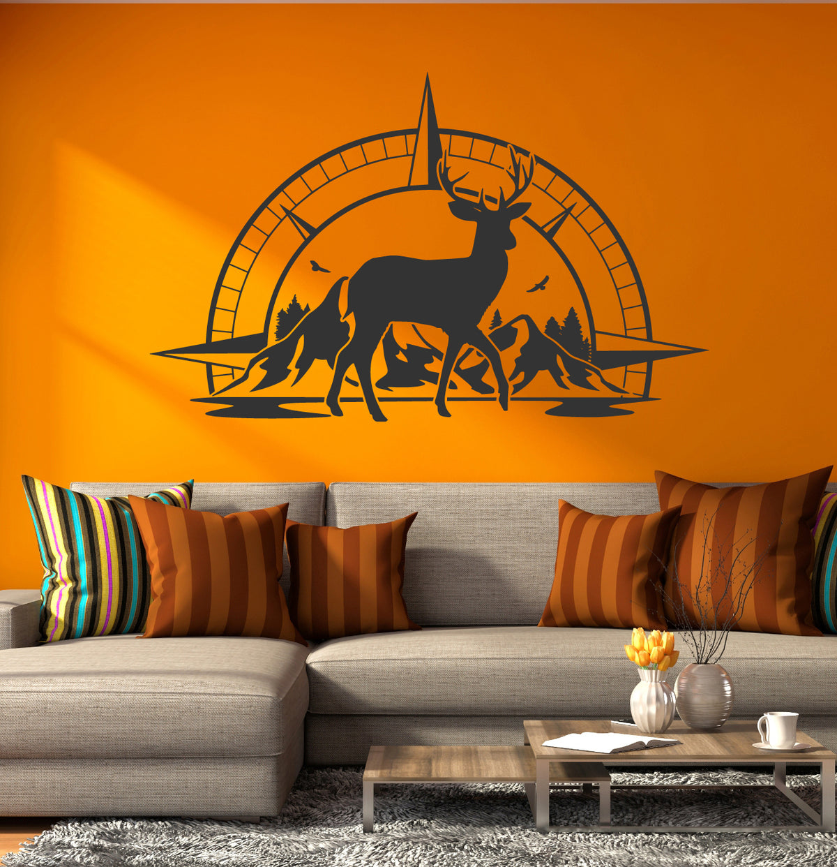 Compass Vinyl Wall Decal Mountain Deer Tourism Travel Stickers Mural ...