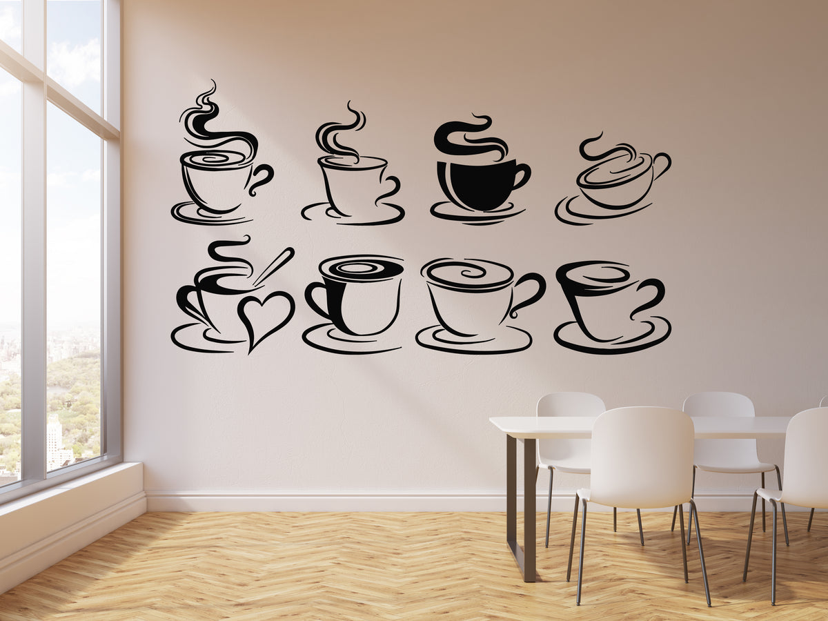 Vinyl Wall Decal Cups Of Coffee Tea Time Cafe Kitchen Restaurant Stick ...