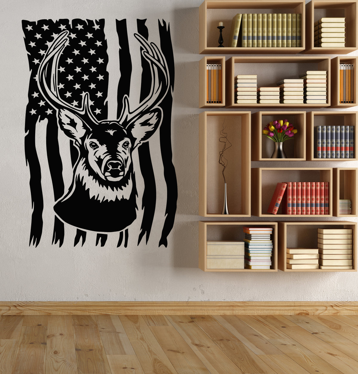 Vinyl Wall Decal Wild Stag Deer Horn Flag Of USA Decor Stickers Mural ...