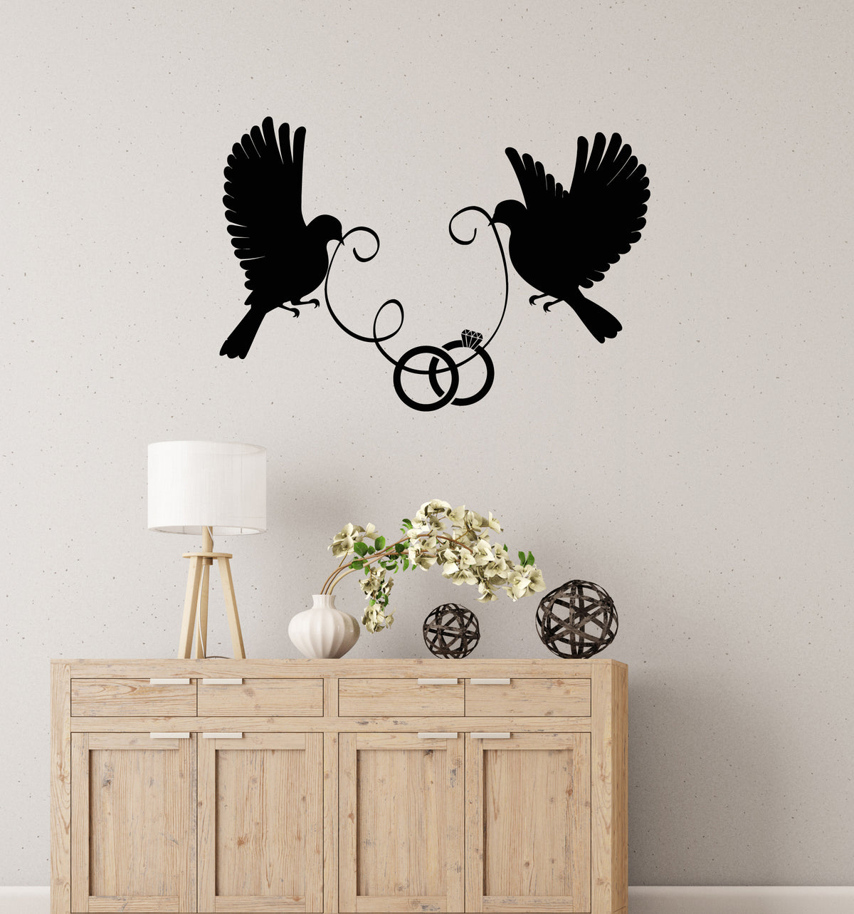 Vinyl Wall Decal Flying Couple Wedding Doves Ribbon Ring Stickers Mura ...