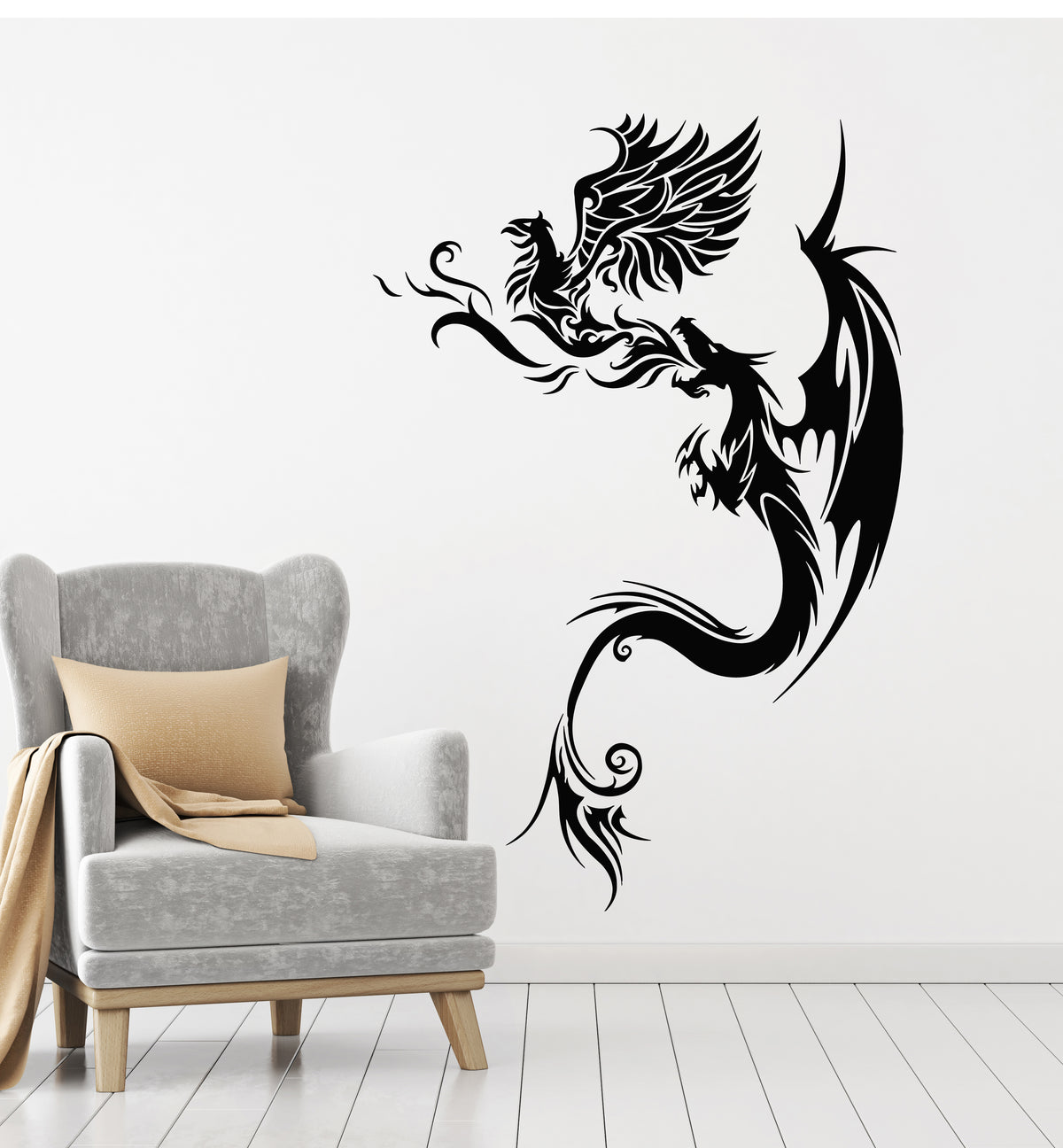 Vinyl Wall Decal Flying Dragon With Phoenix Fantastic Bird Mythology S ...