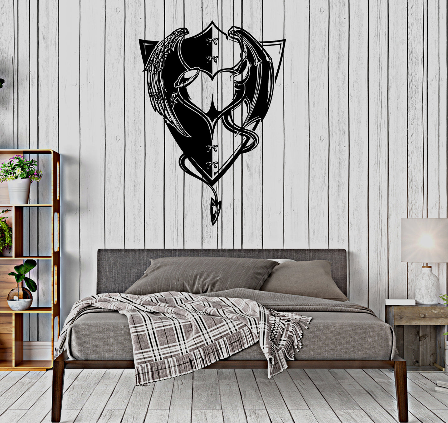 Wall Decal Heart Angel And Devil Shield Wings Vinyl Sticker (ed2005 ...