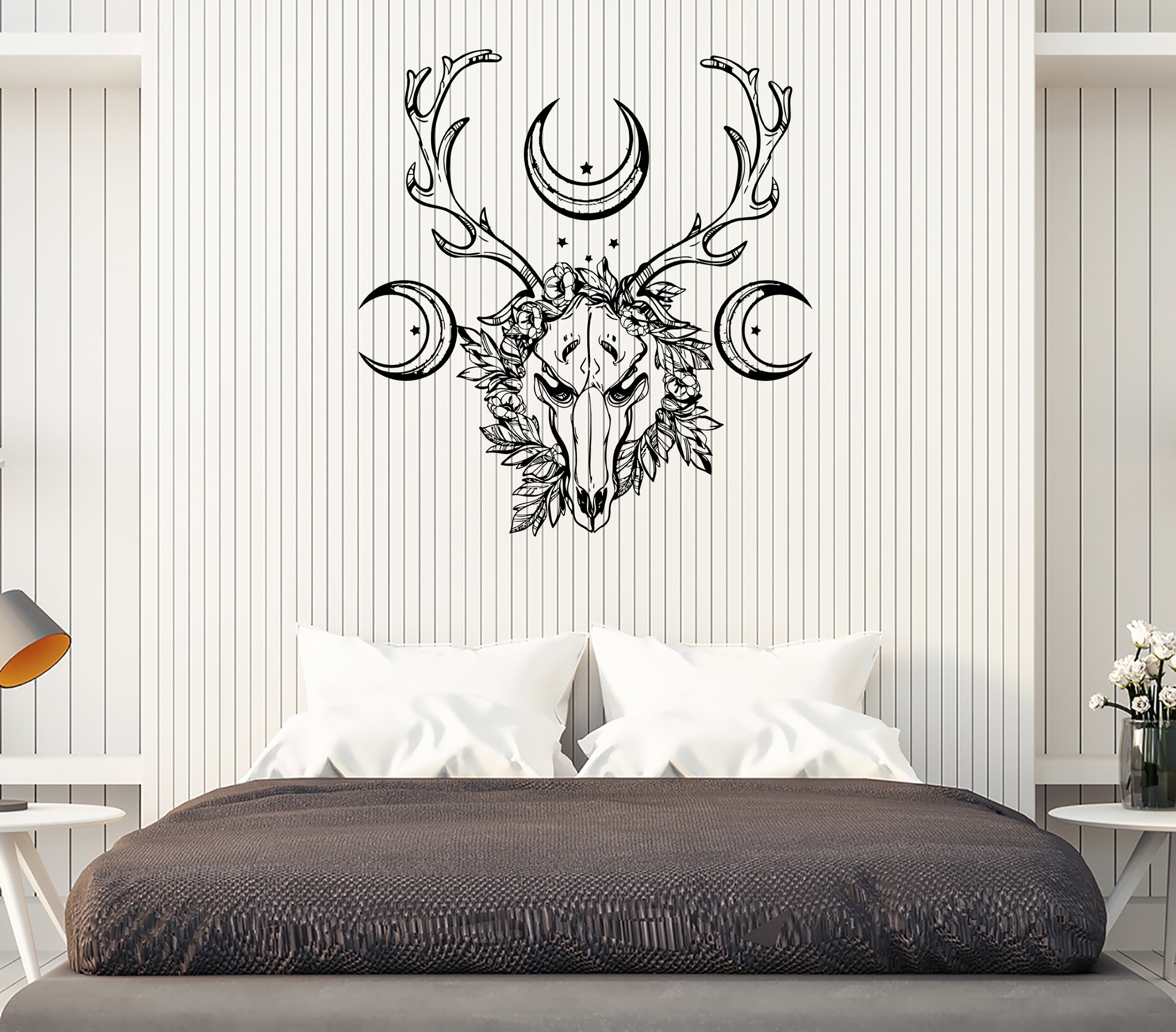Wall Sticker Animal Skull Occult Moon Pattern Horn Wreath Vinyl Decal ...