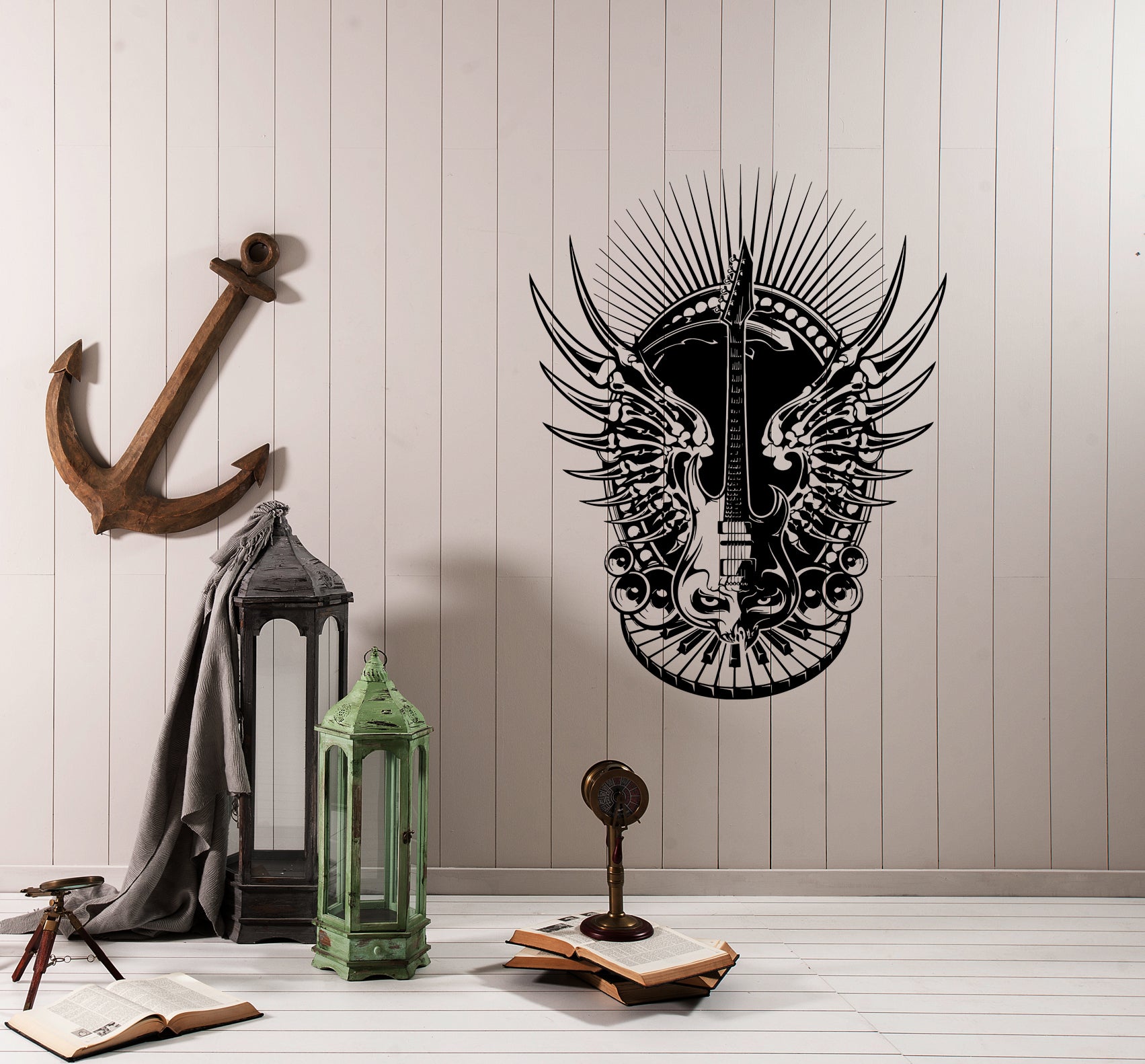 Wall Decal Music Keyboard Piano Guitar Rock Sound Skeleton Bones Vinyl ...