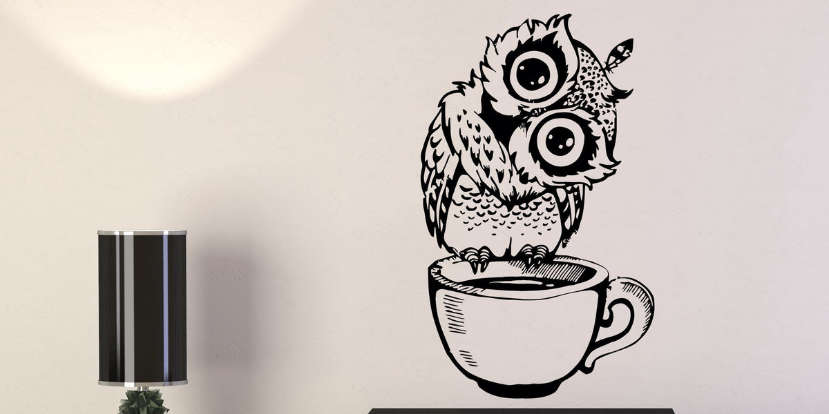 Wall Decal Owl Coffee Morning Cup Bird Kitceh Decoration Vinyl Sticker ...