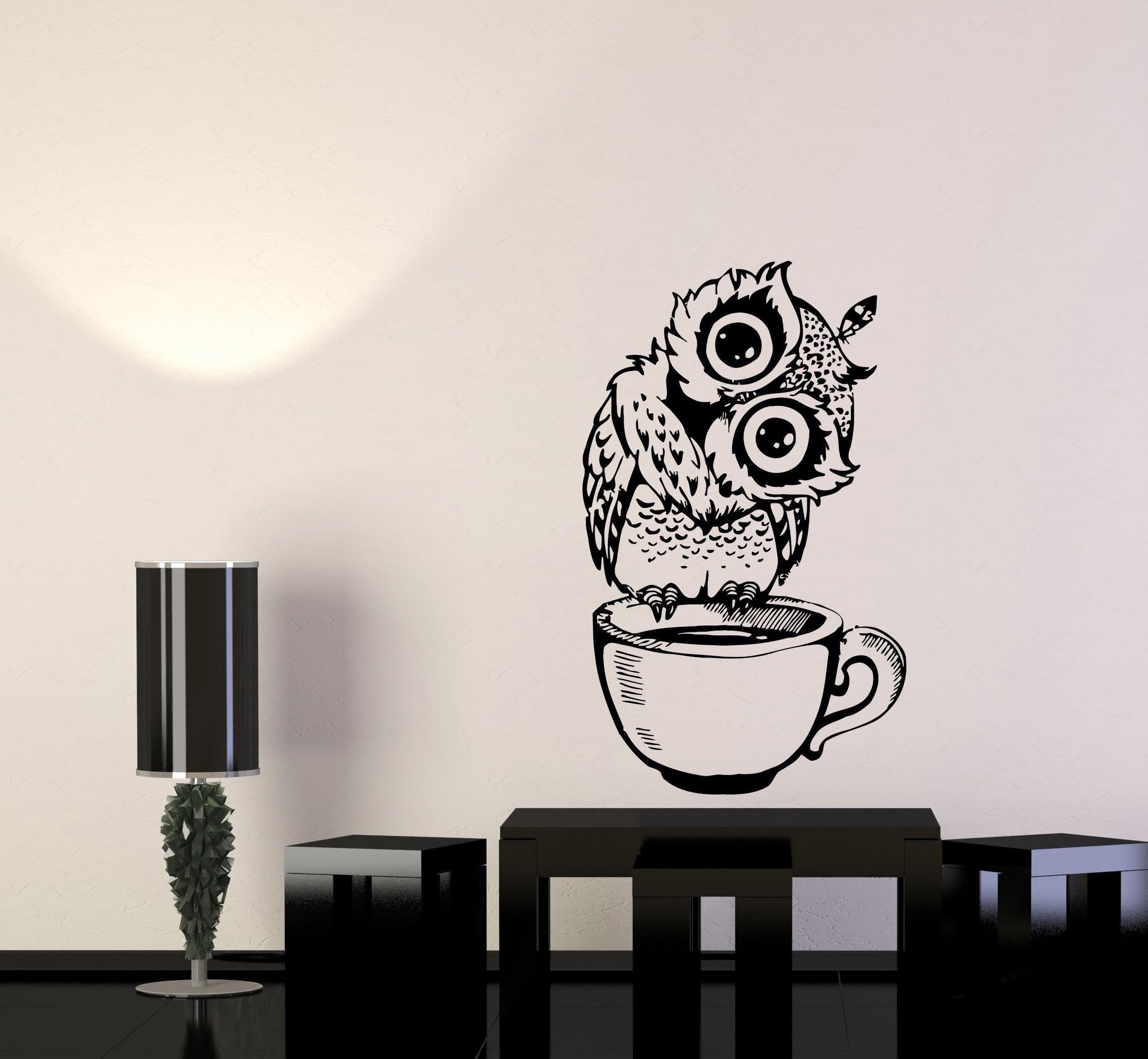 Wall Decal Owl Coffee Morning Cup Bird Kitceh Decoration Vinyl Sticker ...