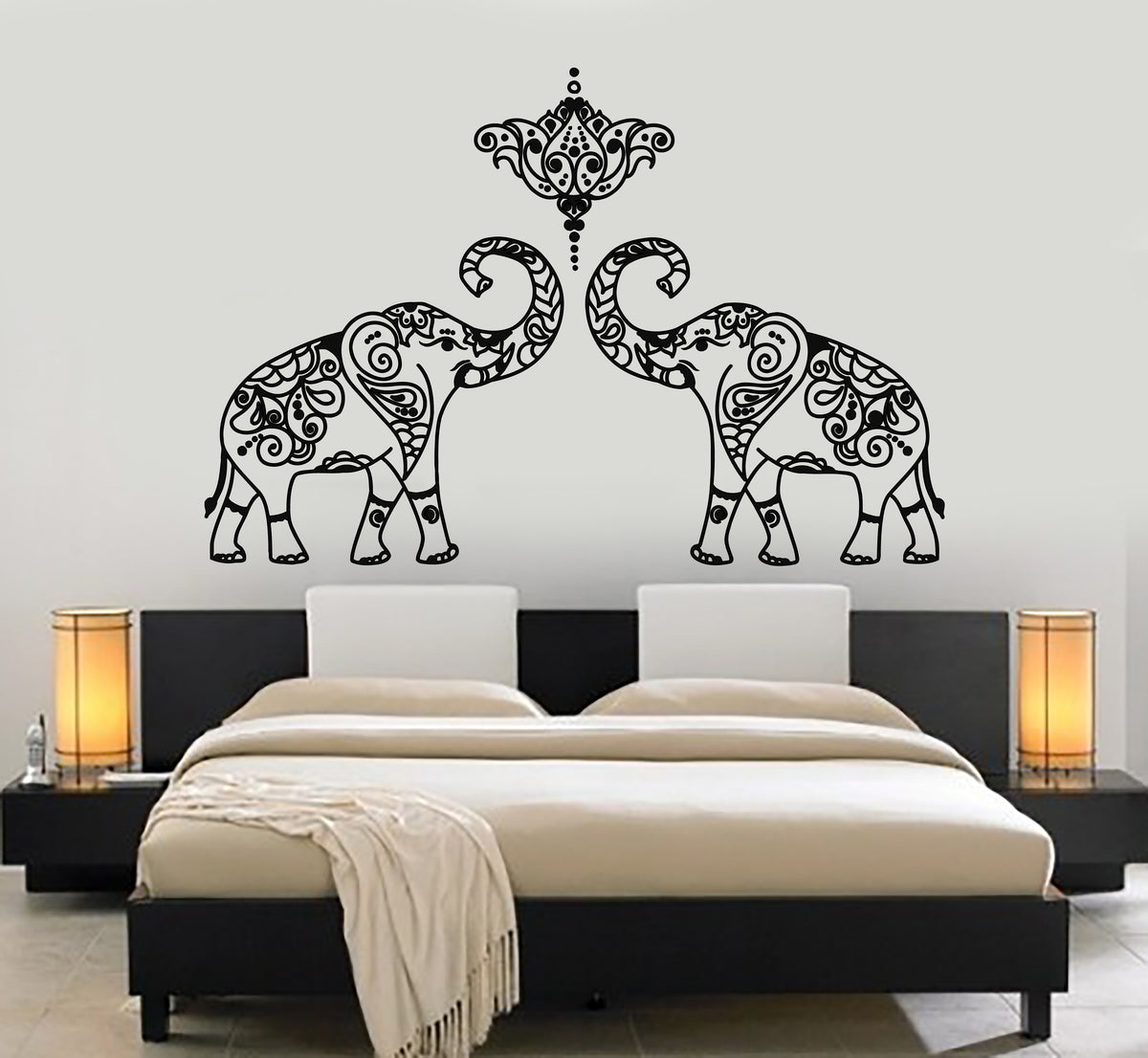 Vinyl Wall Decal Lotus Indian Elephants Hinduism Animals Yoga Center S ...