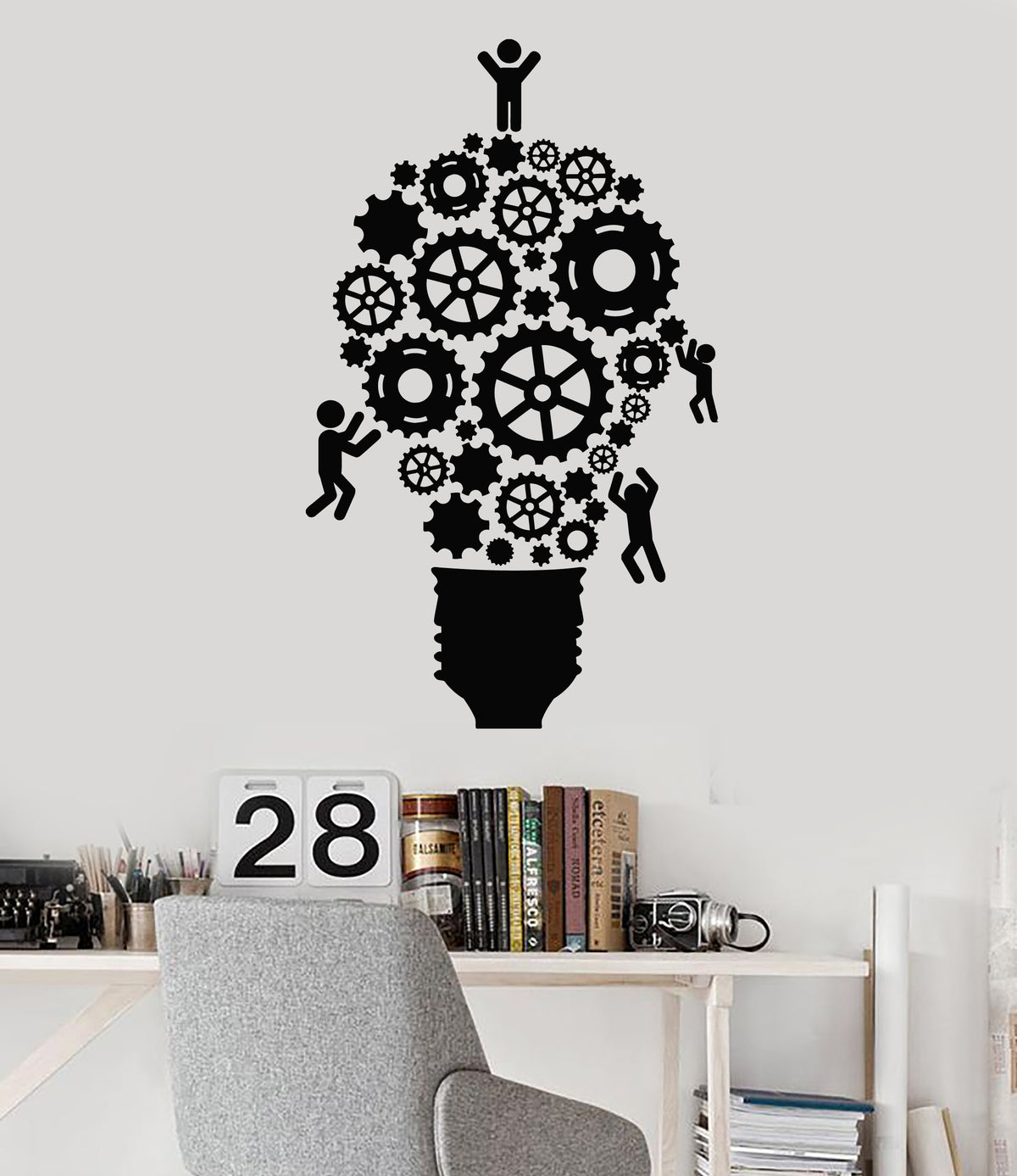 Vinyl Wall Decal Lightbulb Idea Lamp Bulb Gears Team Work Office Stick ...