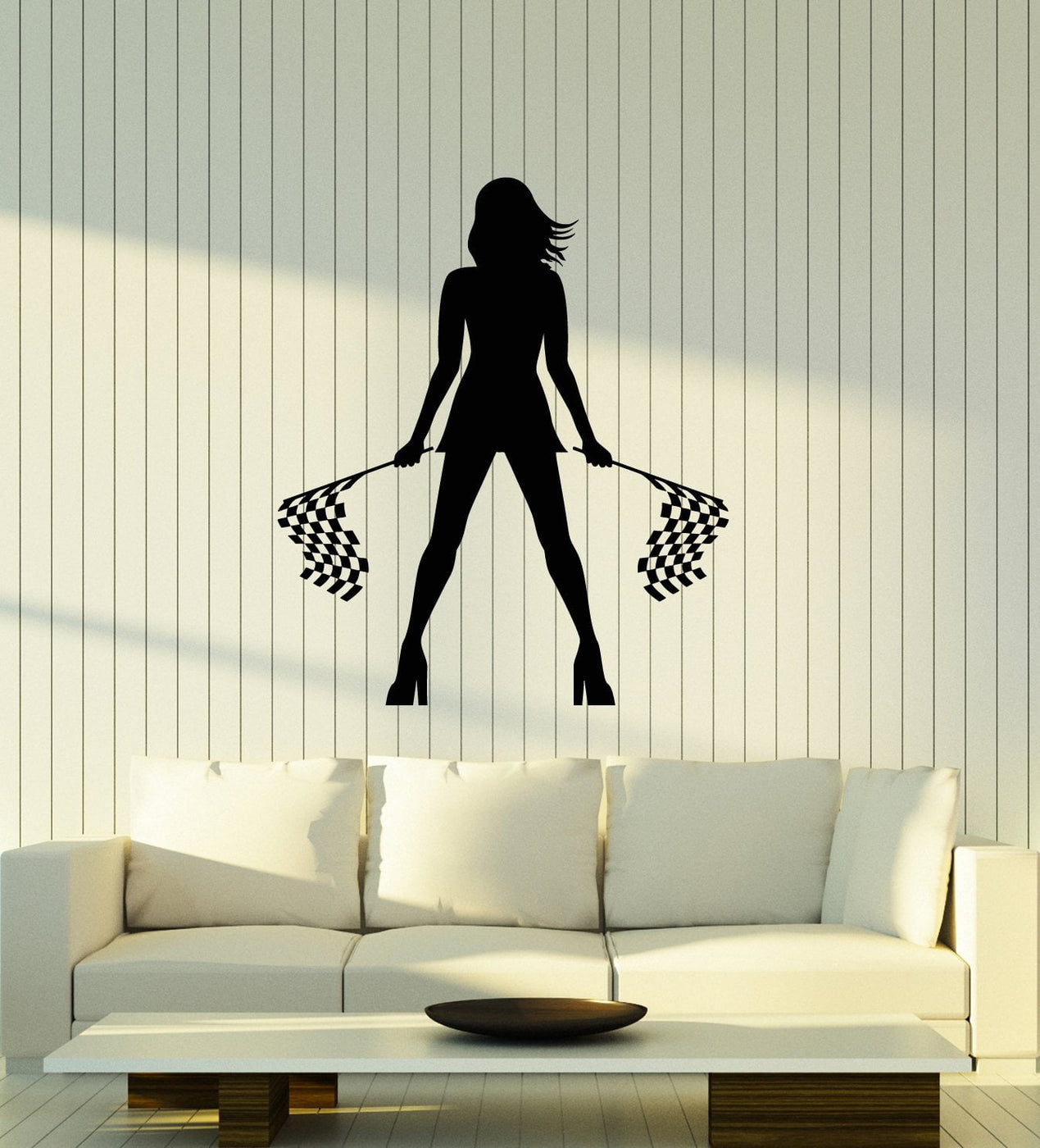 Vinyl Wall Decal Girl with Start Flags Garage Decor Racer Room Auto Ra ...