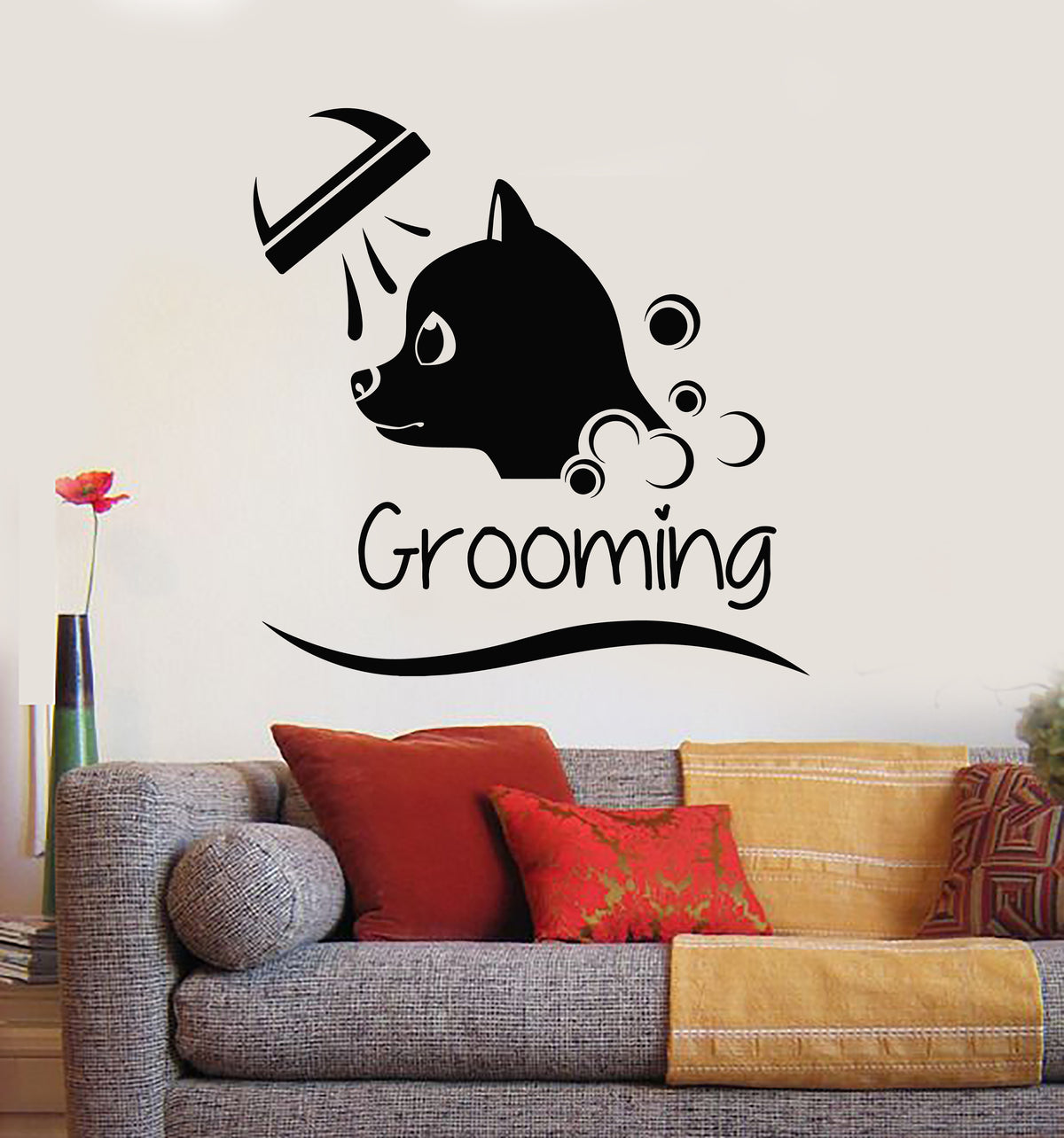 Vinyl Wall Decal Dog Head Pet Animal Shower Grooming Words Stickers Mu ...
