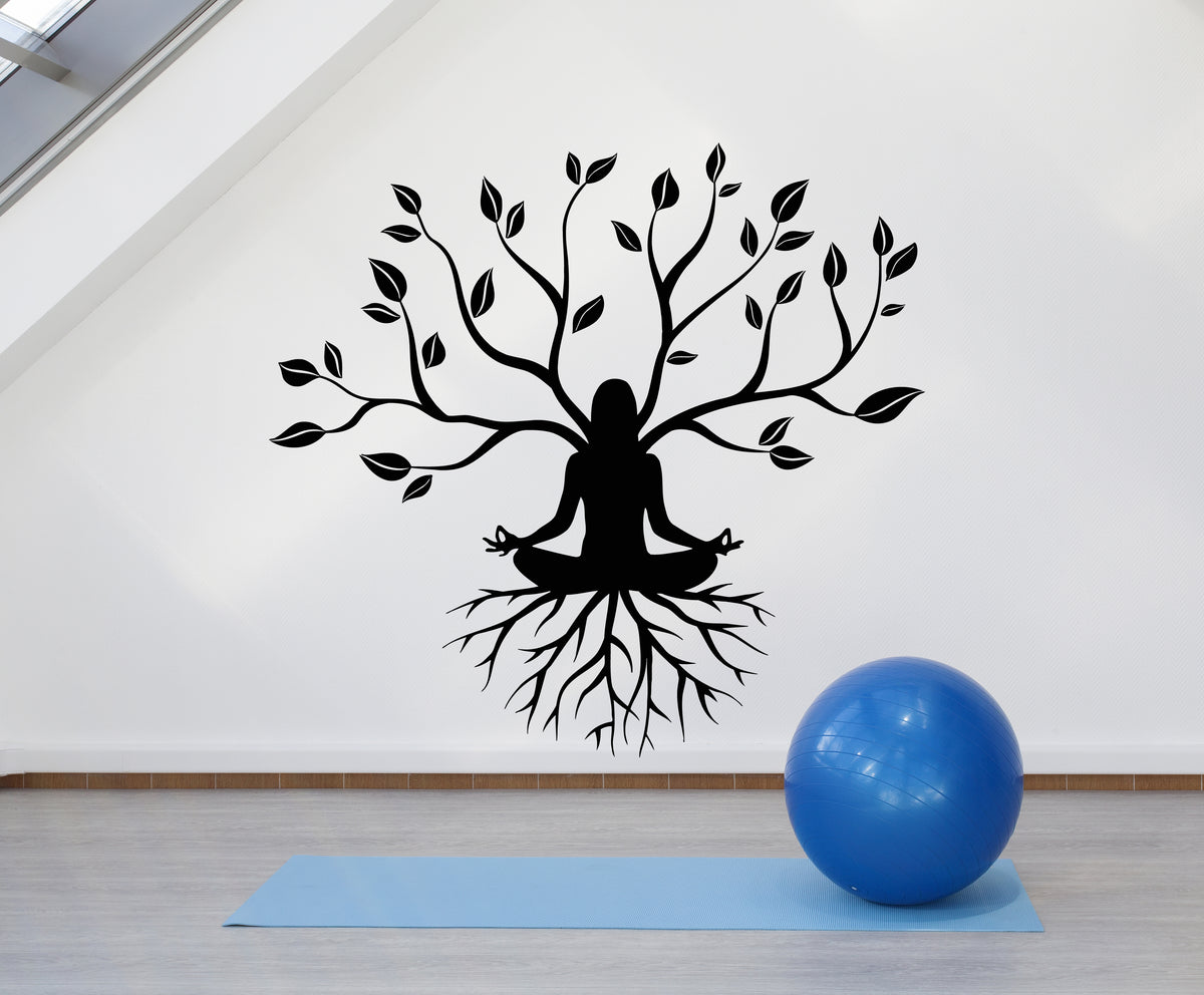 Vinyl Wall Decal Gym Yoga Room Meditation Girl Tree Roots Stickers Mur ...