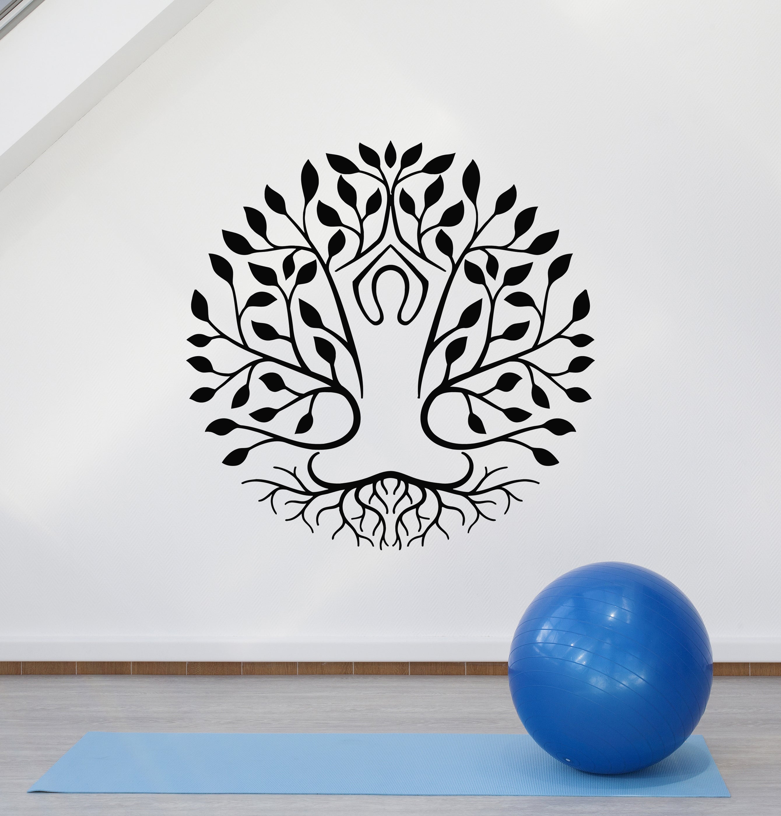 Vinyl Wall Decal Gym Yoga Room Meditation Pose Circle Tree Leaves Stic ...