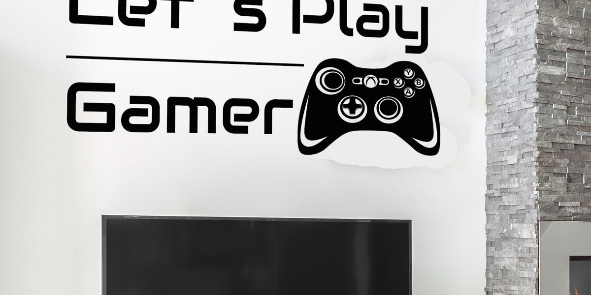 Vinyl Wall Decal Gamer Inscription Let's Play Joystick Gaming Playroom ...