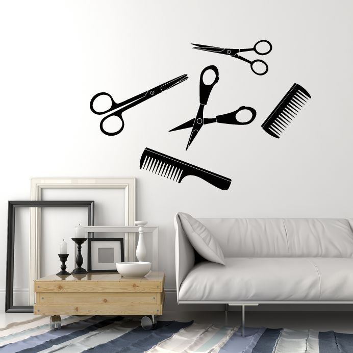 Vinyl Wall Decal Comb Scissors Barber Tools Hair Salon Hairdresser Sti ...