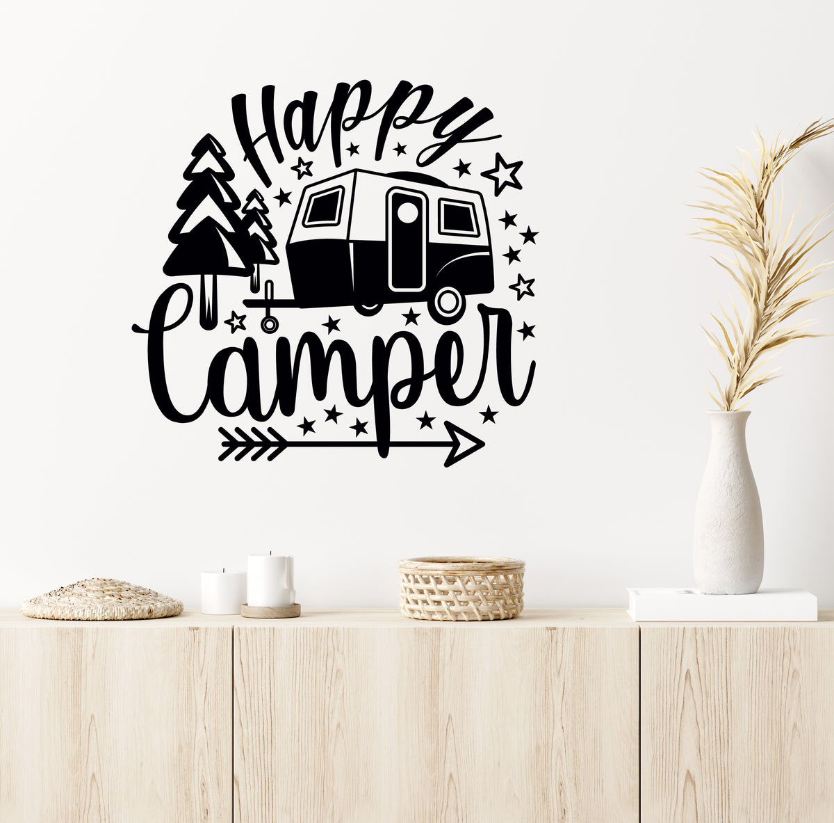 Happy Camper Wall Vinyl Decal Lettering Arrow Tree Stars Tourism Stick ...