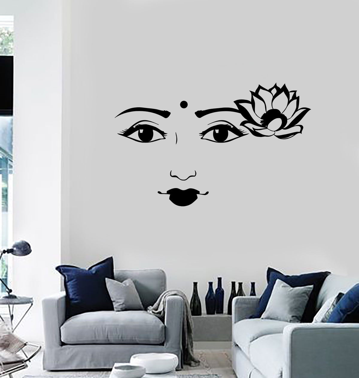 Vinyl Wall Decal Beautiful Indian Woman Face Girl Lotus Flower Decor S ...
