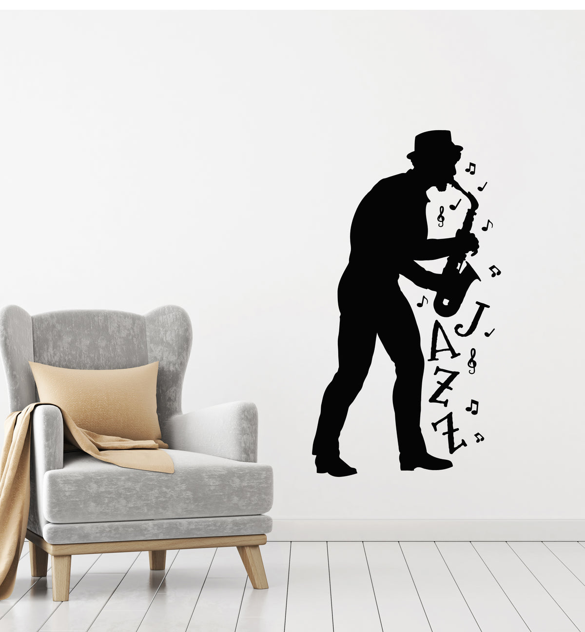 Vinyl Wall Decal Saxophonist Jazz Musical Instrument Notes Stickers Mu ...