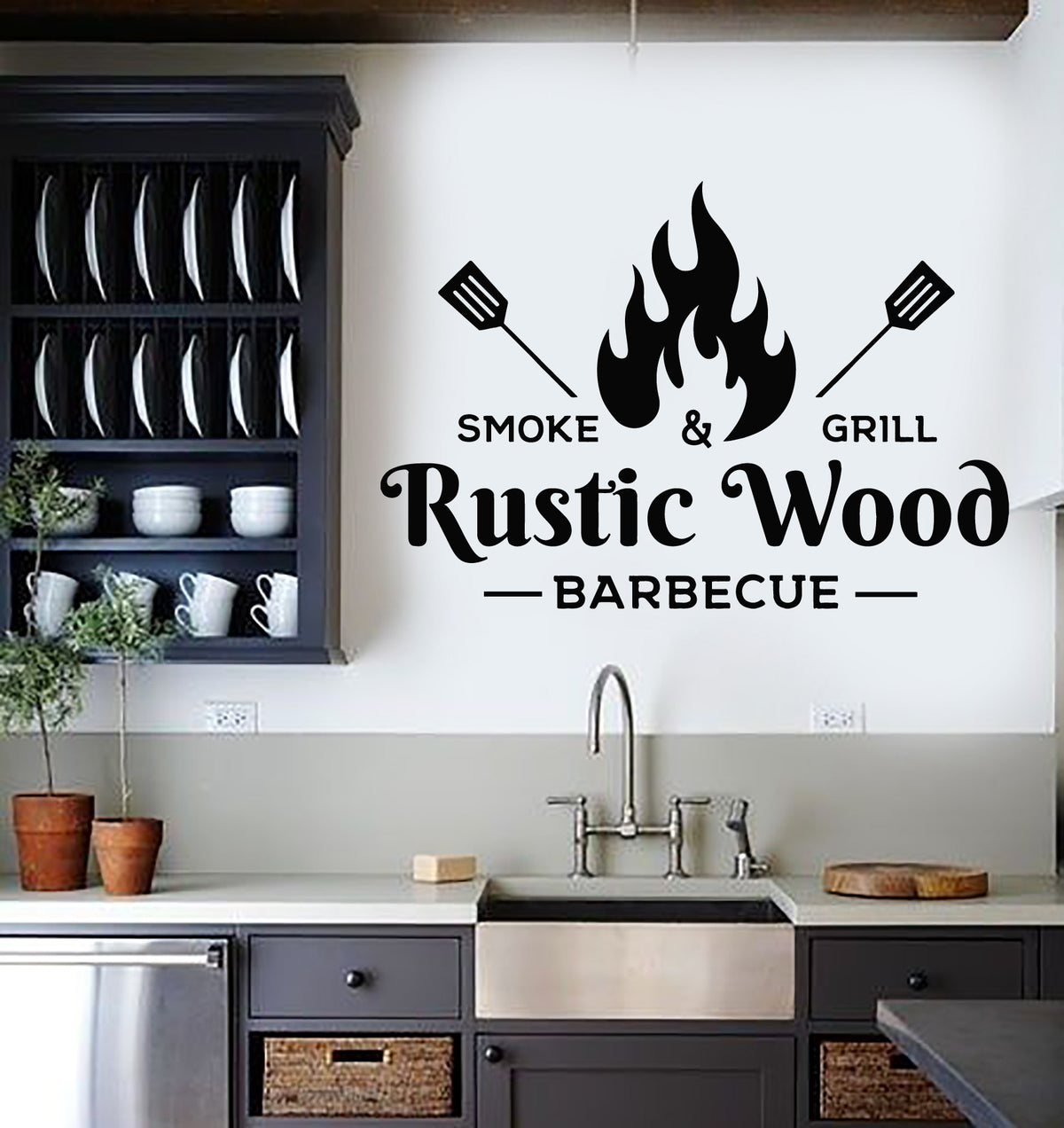 Vinyl Wall Decal BBQ Smoke Grill Rustic Wood Barbecue Decor Stickers M ...