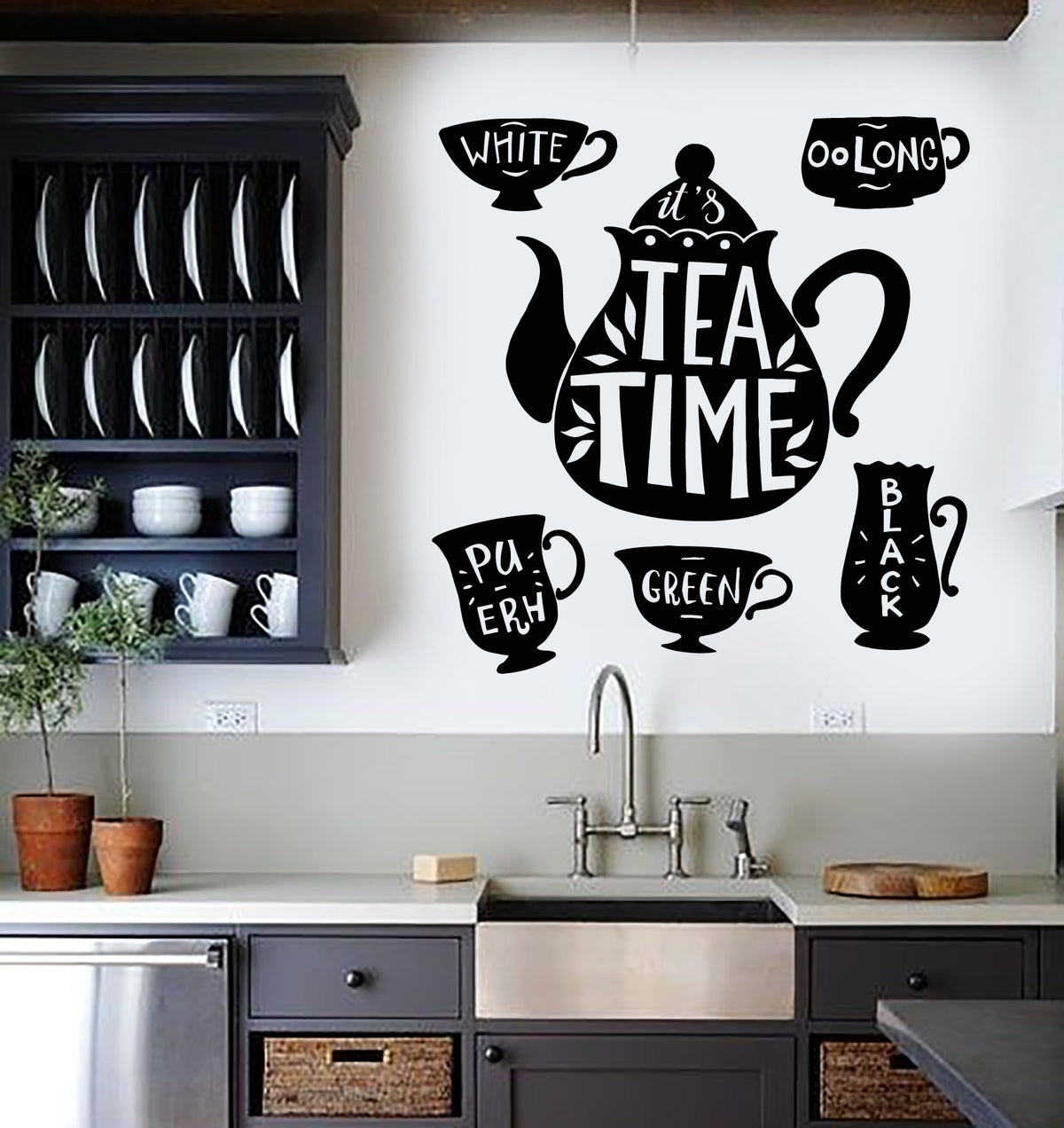 Vinyl Wall Decal Tea Time Kitchen Decor Home Dining Room Stickers Mura ...