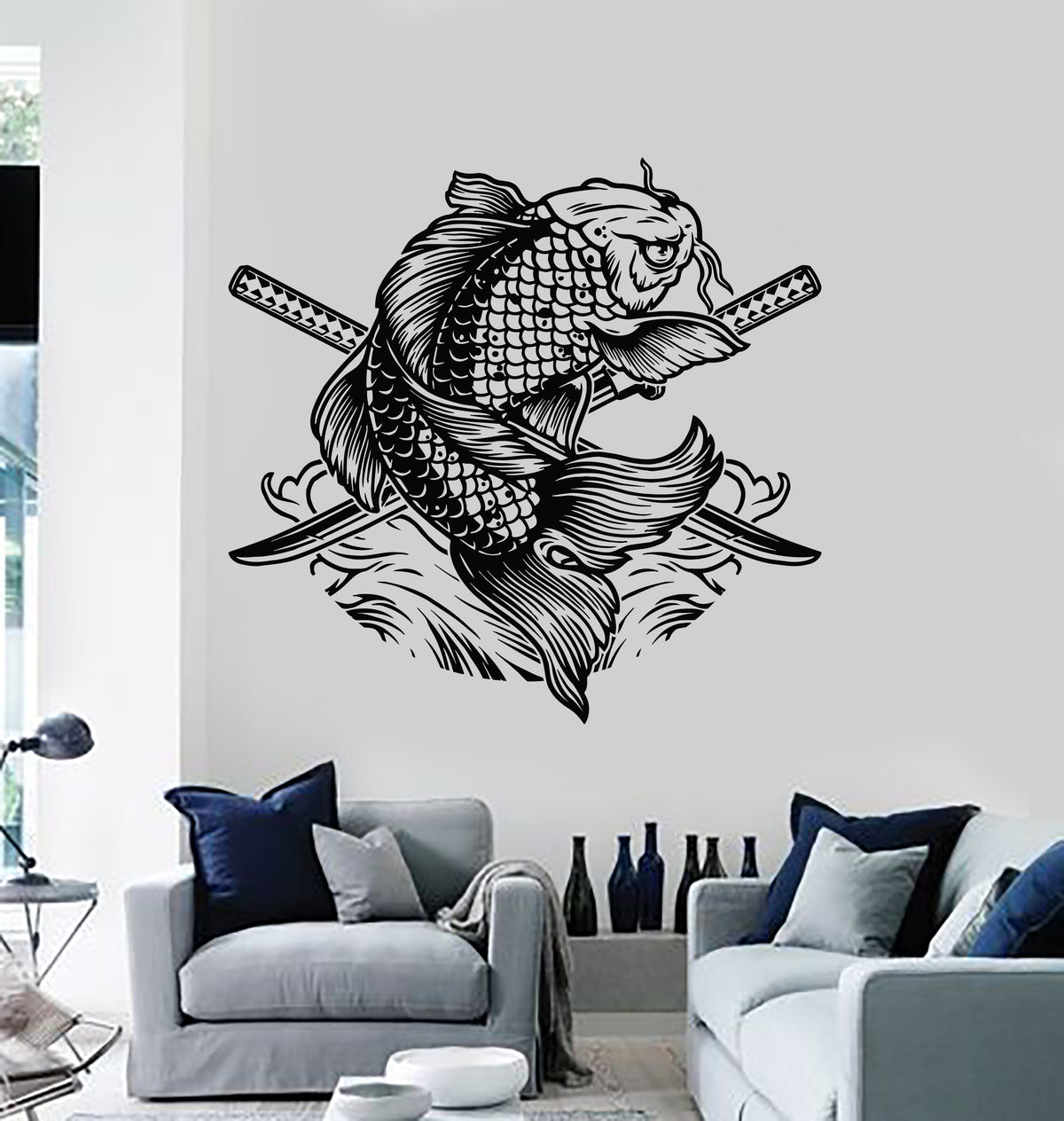 Vinyl Wall Decal Asian Style Japanese Koi Carp Fish Swords Stickers Mu ...