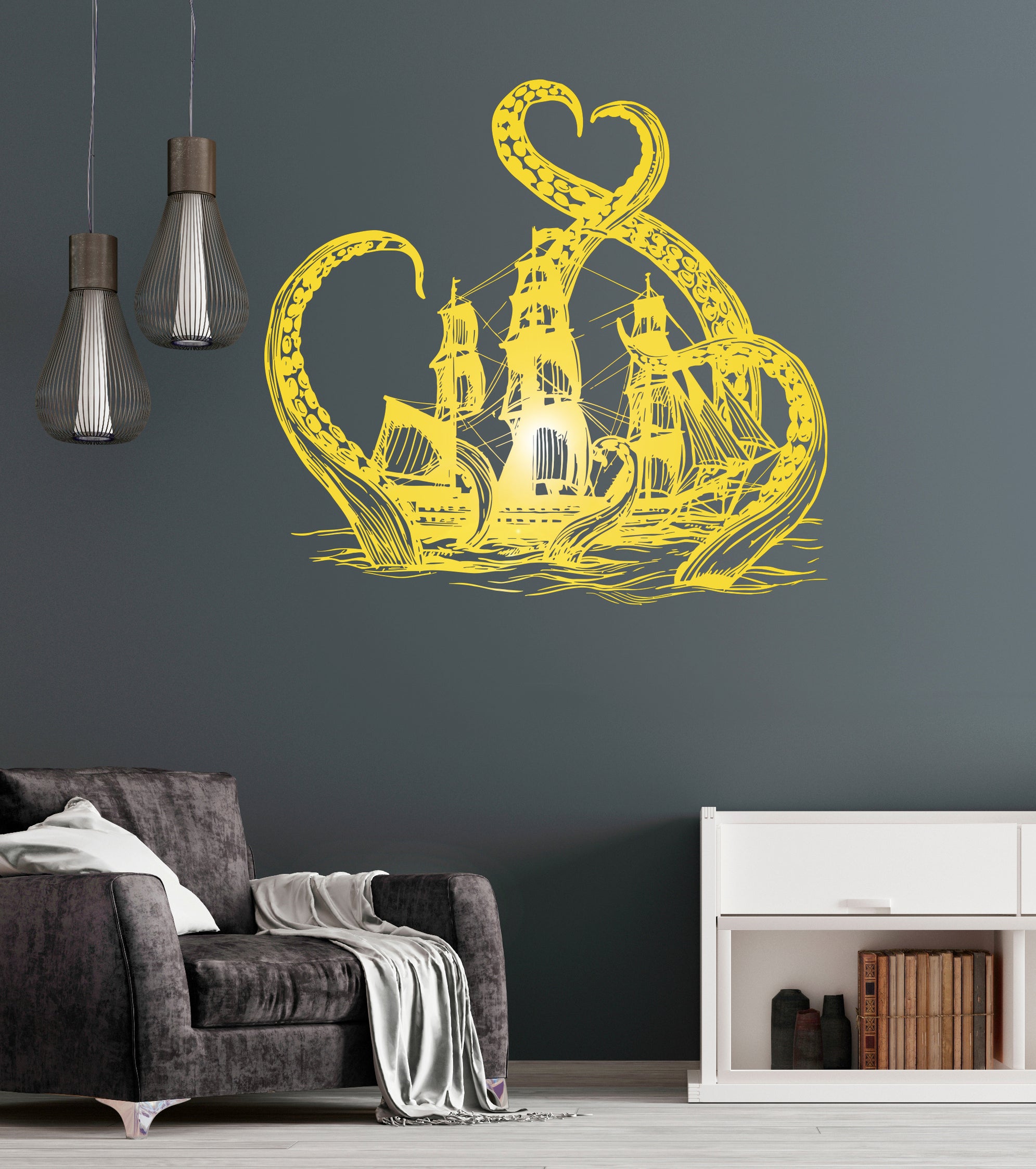 Vinyl Wall Decal Kraken Octopus Ship Nautical Ocean Living Room ...