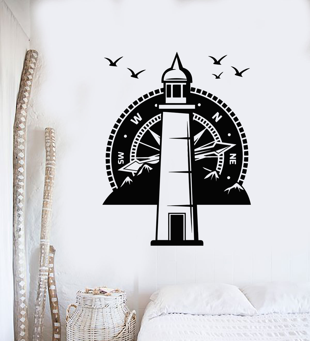 Vinyl Wall Decal Lighthouse Compass Nautical Beach Style Mountains Bir ...