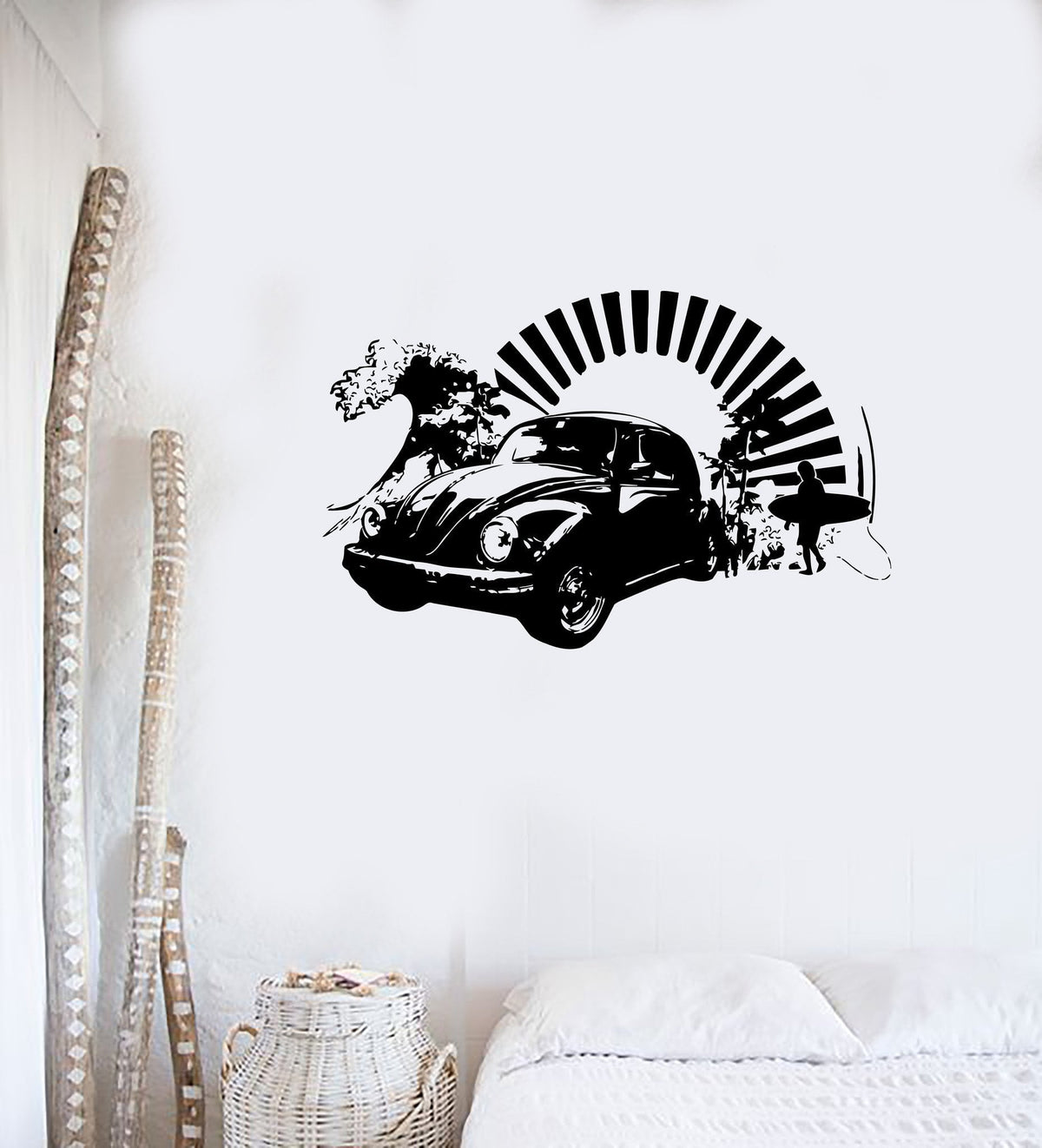 Vinyl Decal Wall Sticker Volkswagen Bug Antique Car Surfing Beach Deco ...