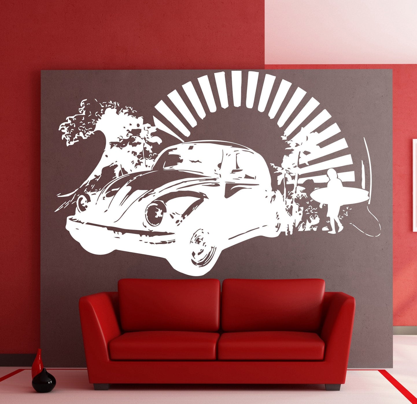 Vinyl Decal Wall Sticker Volkswagen Bug Antique Car Surfing Beach Deco ...