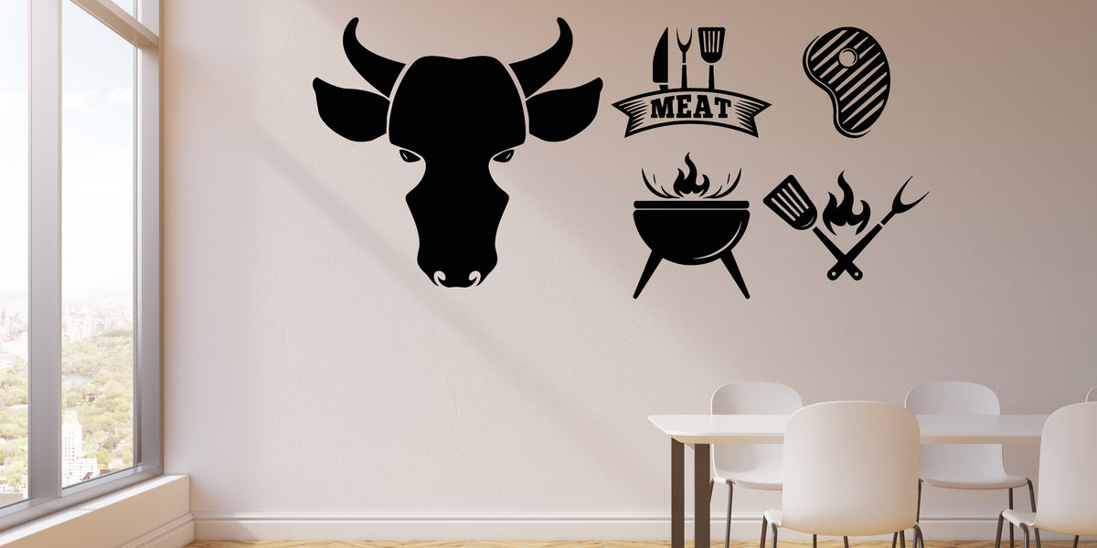 Vinyl Wall Decal Bull Logo Beef Steak Grill Fresh Meat Barbecue Sticke ...