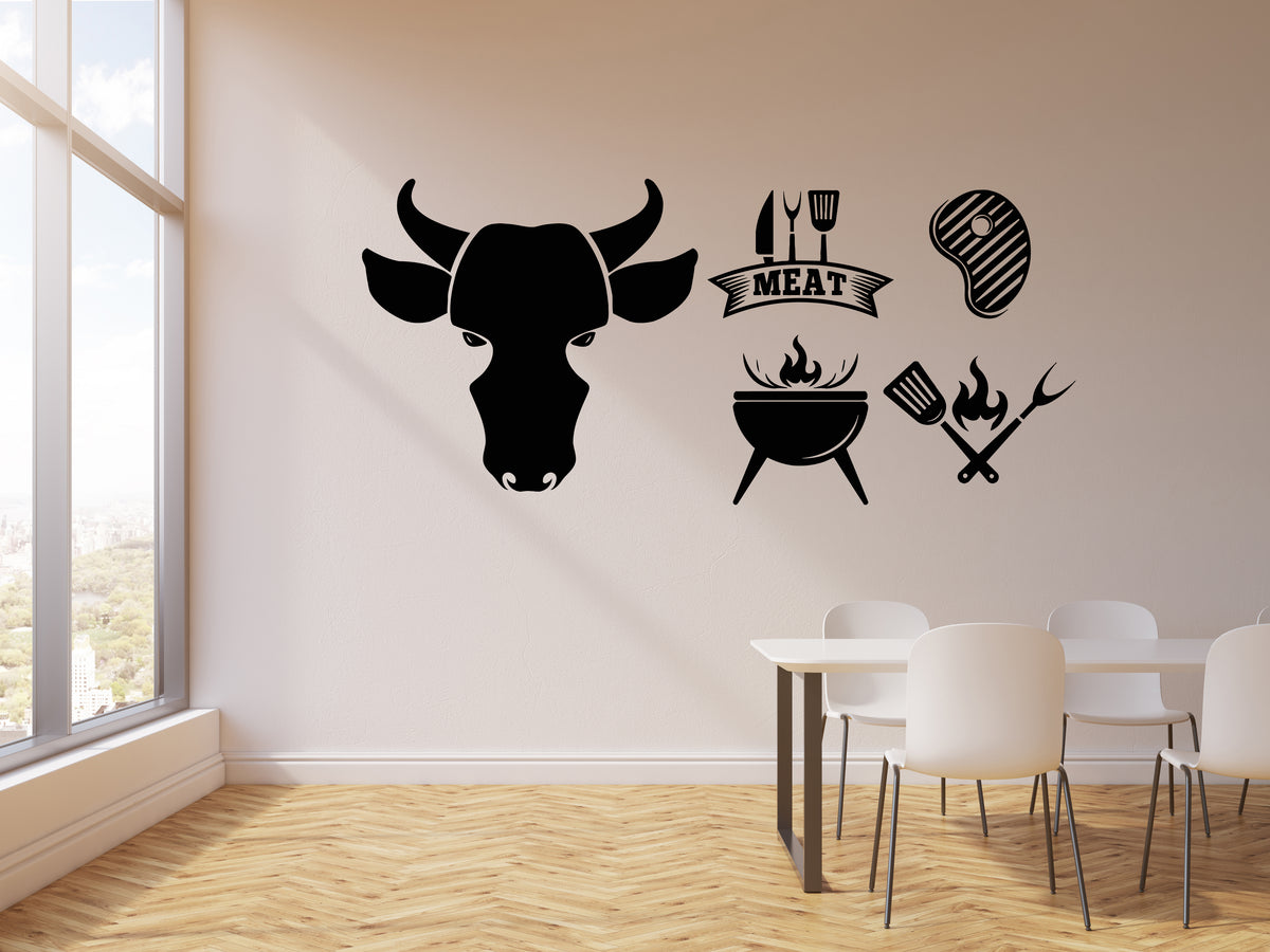 Vinyl Wall Decal Bull Logo Beef Steak Grill Fresh Meat Barbecue Sticke ...