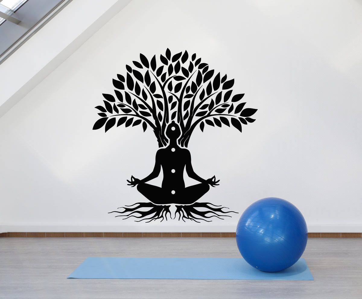 Vinyl Wall Decal Meditation Tree Girl Chakras Yoga Studio Stickers Mur ...