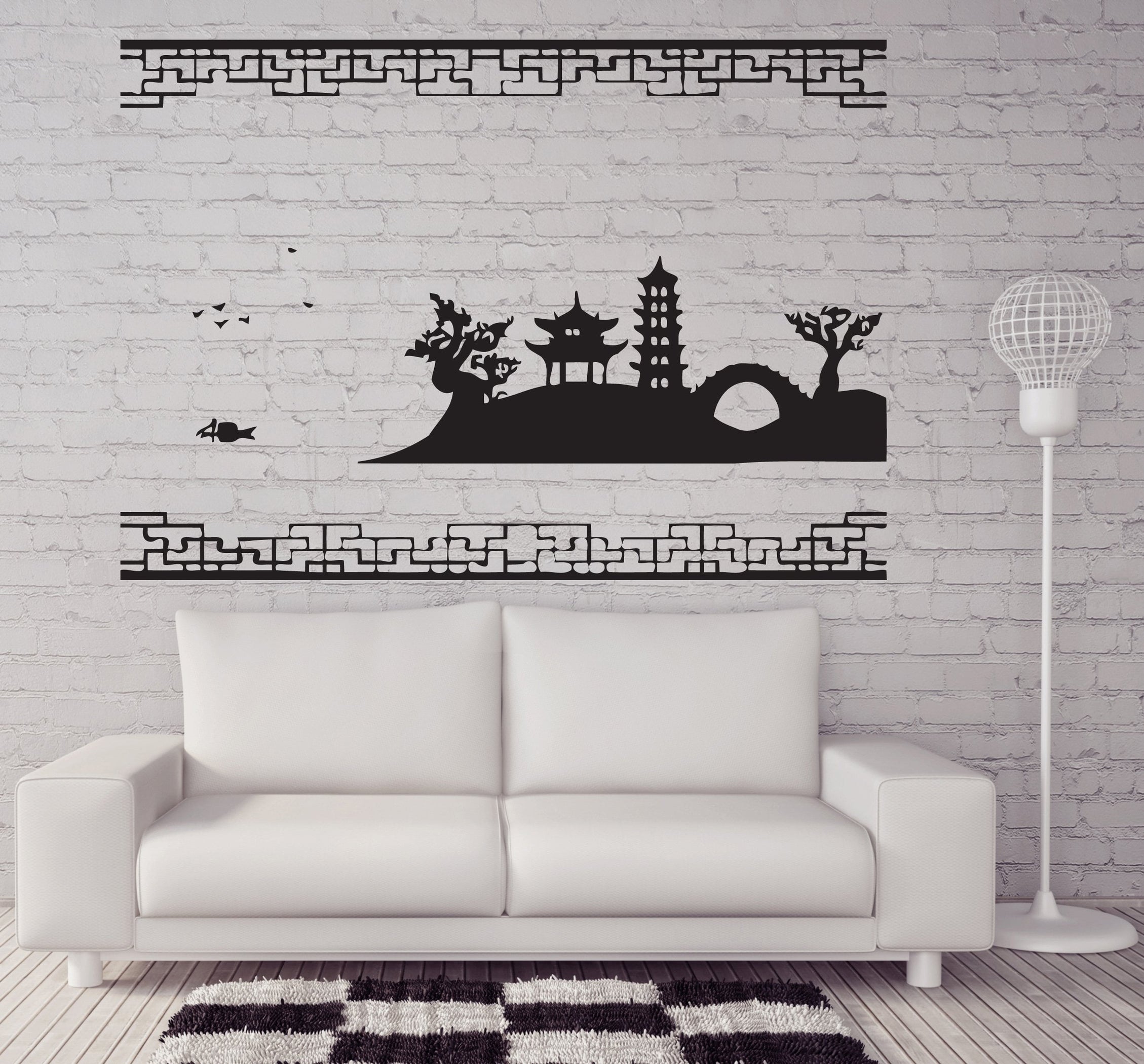 Large Vinyl Decal Landscape Attributes Chinese Pagoda Sakura Wall Stic ...