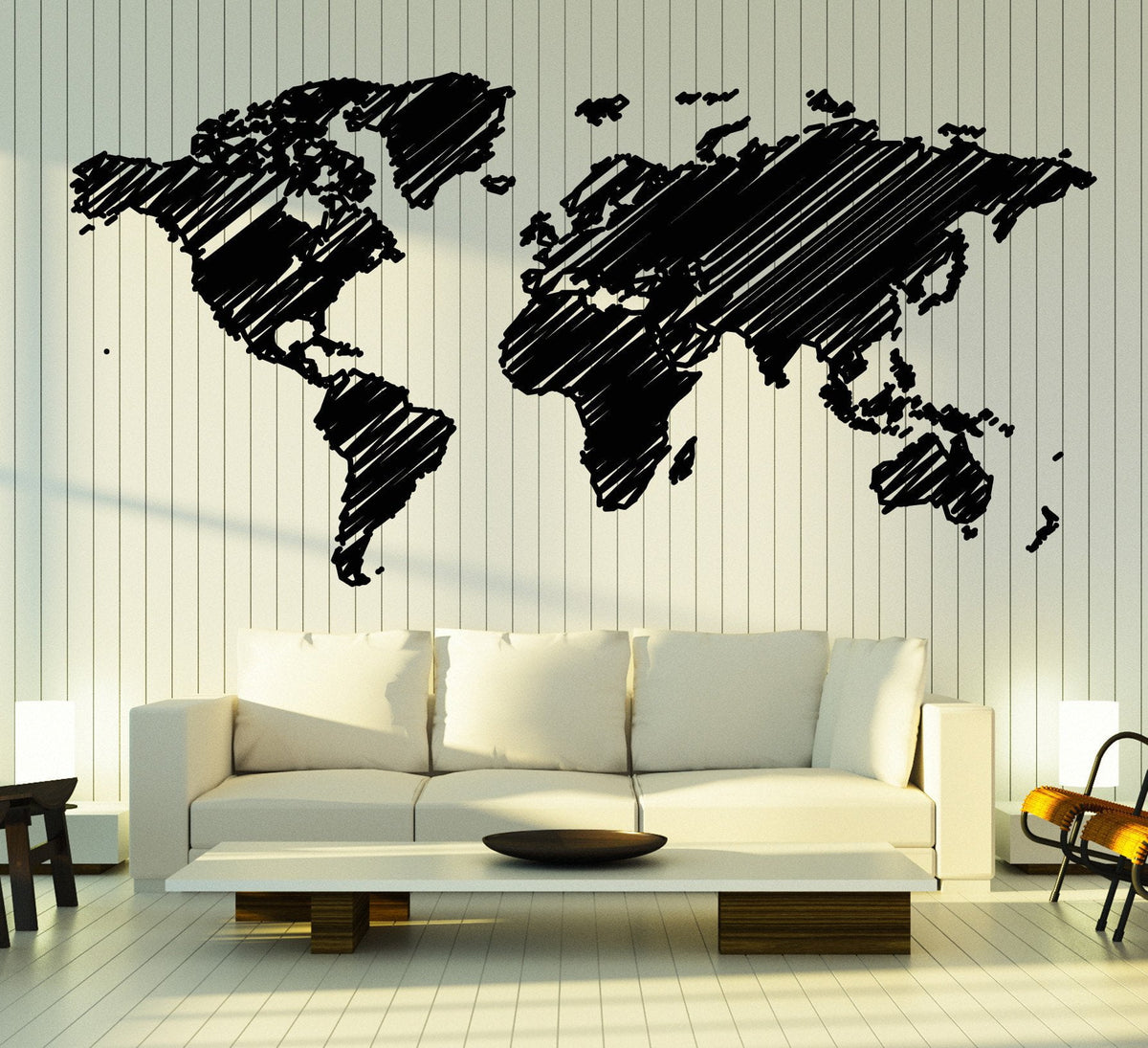 Vinyl Decal Wall Sticker World Map Continents Technique of Hatching De ...